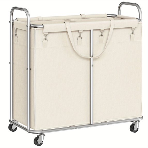 Dual-Section Rolling Laundry Cart with Removable Liner, Sturdy Steel ...