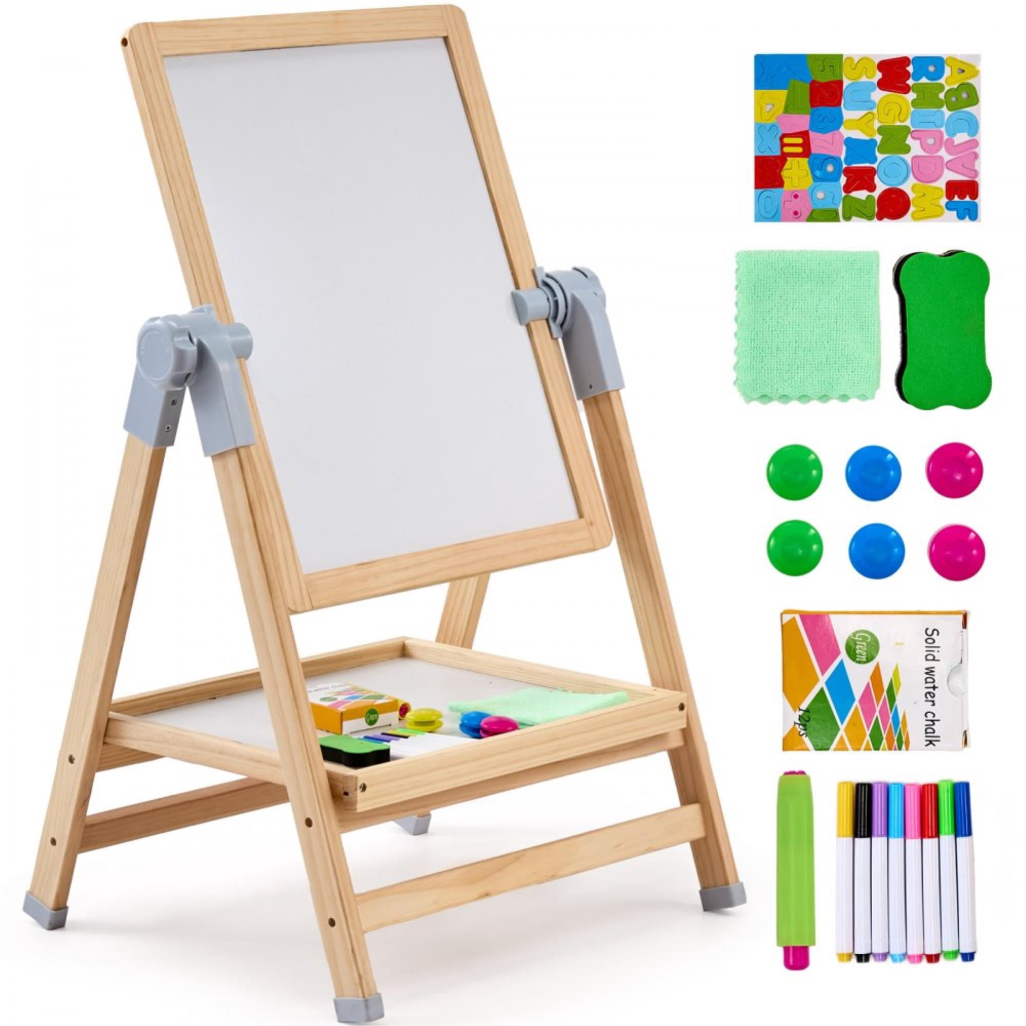 Dual-Sided Wooden Kids Art Easel with Magnetic Whiteboard & Chalkboard ...