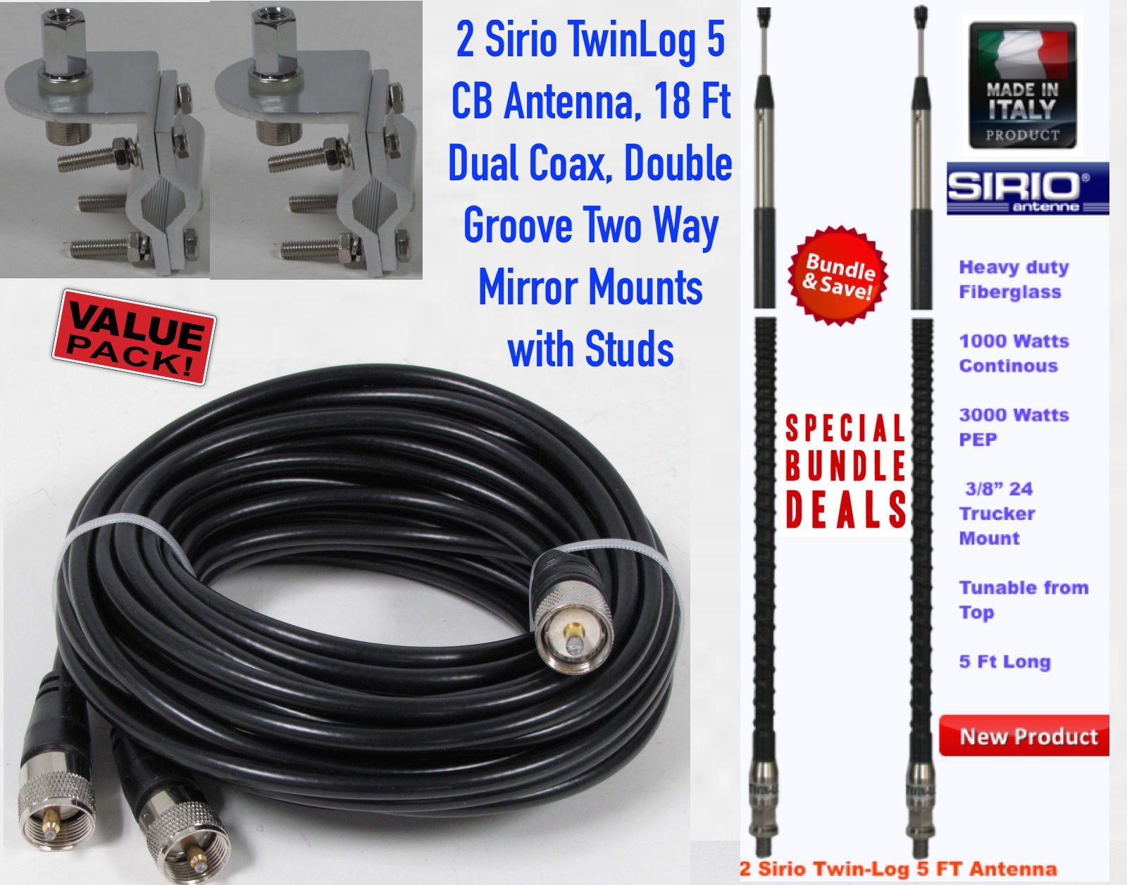 Sirio Antenna Dual Twin-Log 5ft 3000 Watt CB Antenna Kit, Coax, Mounts ...