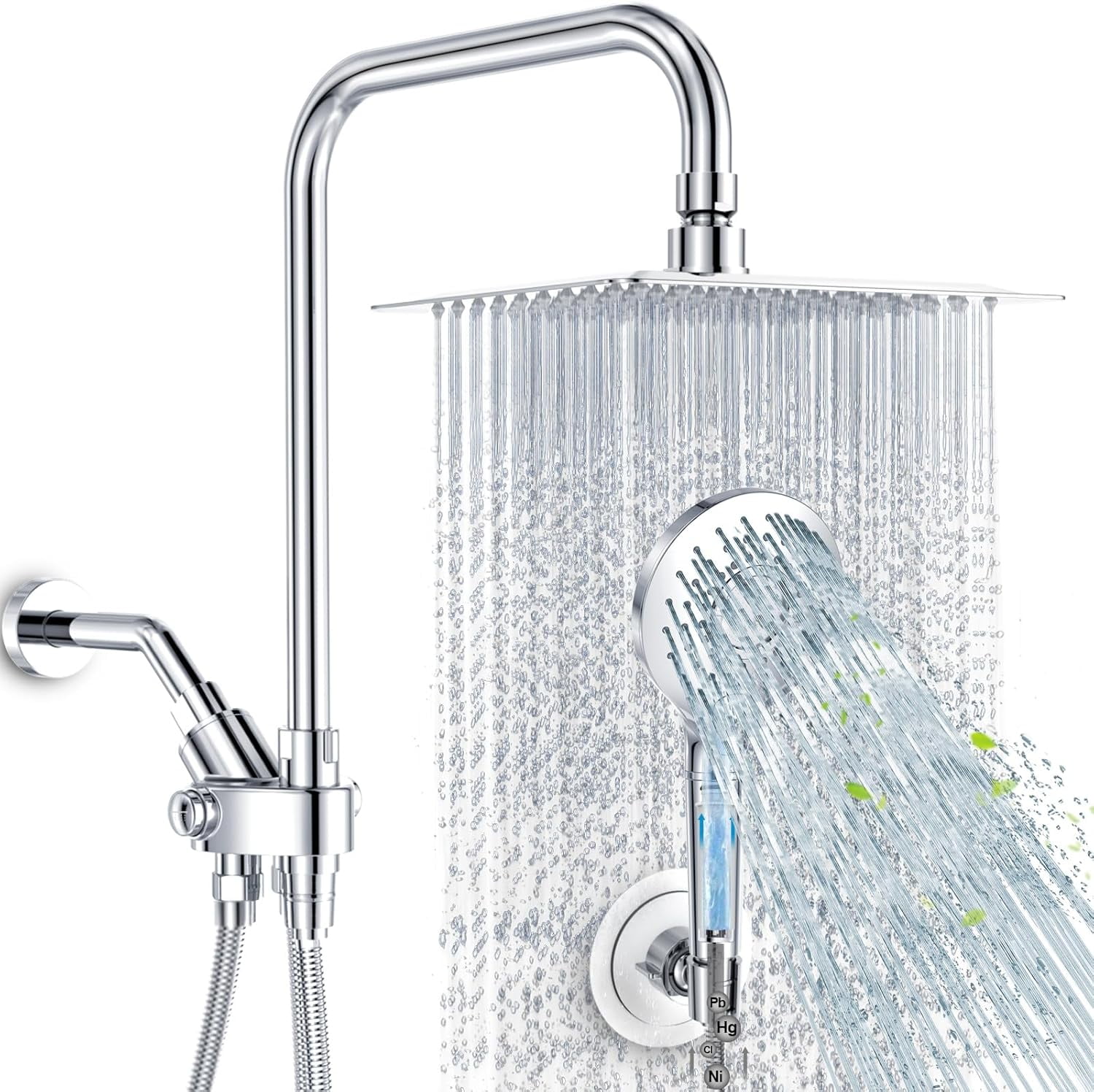 Dual Square Shower Head with Handheld Combo Shower Wand with Filter Metal 8 Inch Rain Showerhead ...