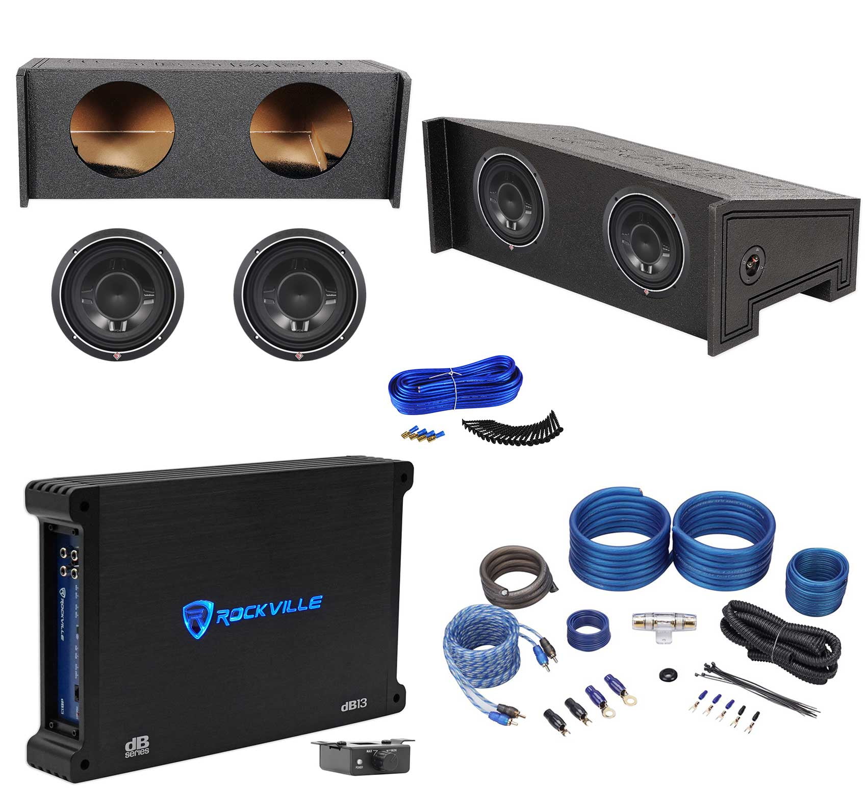 Dual Subwoofer Box+(2) Rockford 10" Subs+Amp Kit For Jeep Wrangler CJ7 ...