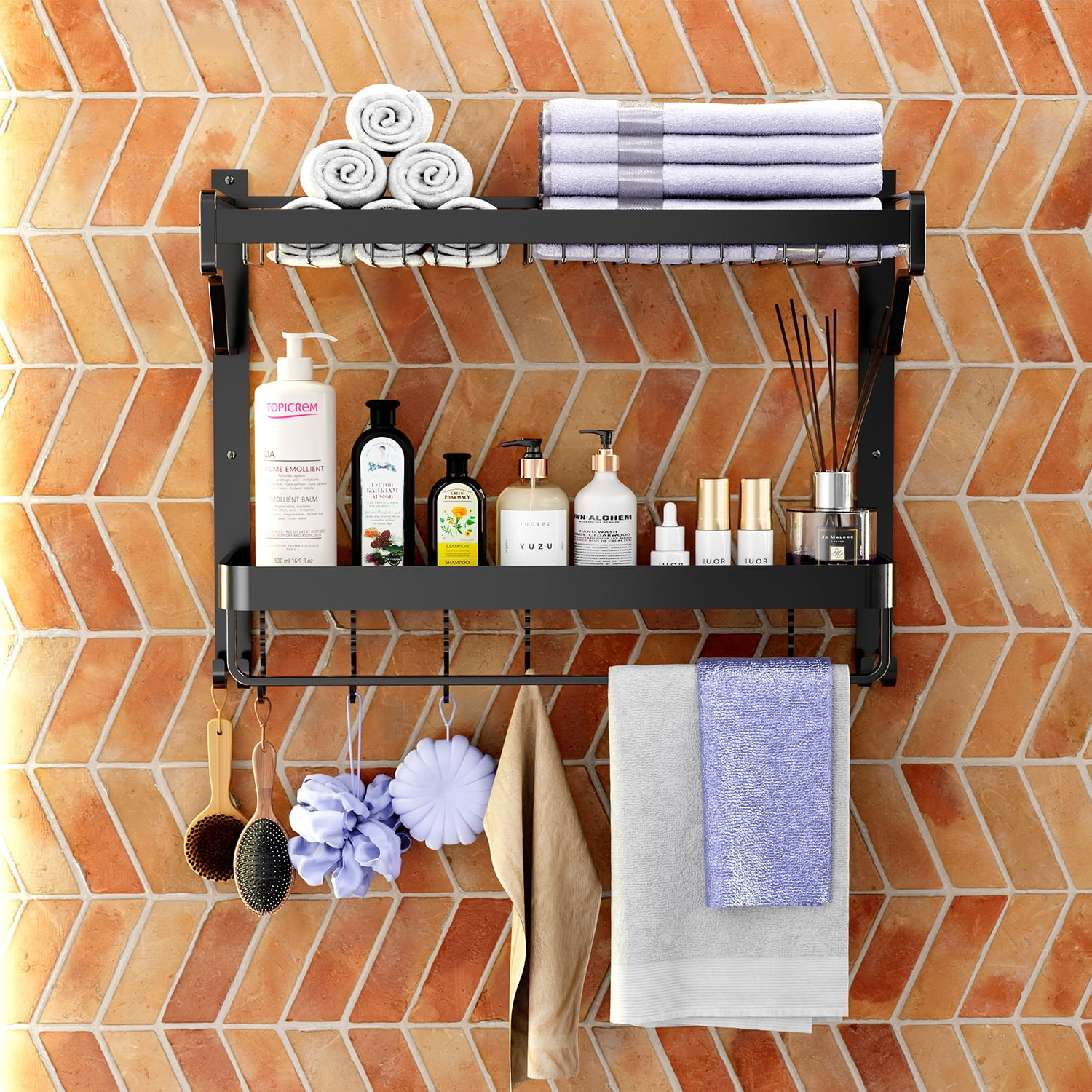 Dual Tier Towel Rack Wall Mounted,Towels Shelf with Large Capacity ...