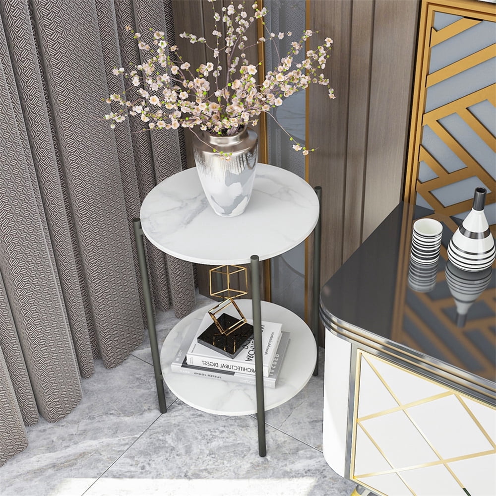 2-Tier White Marble Side End Table Sofa Coffee Tea Table Bedside ...
