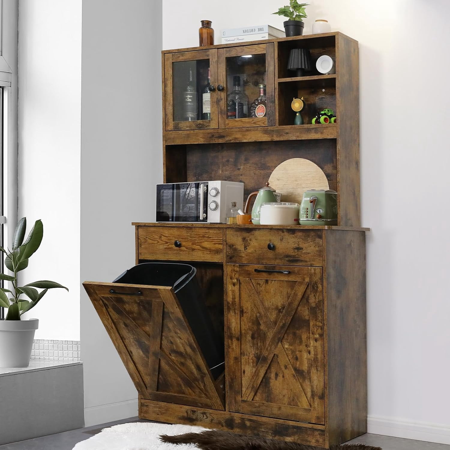 Dual Tilt Out Trash&Storage Cabinet, Kitchen Sideboard Cupboard W/Pet ...