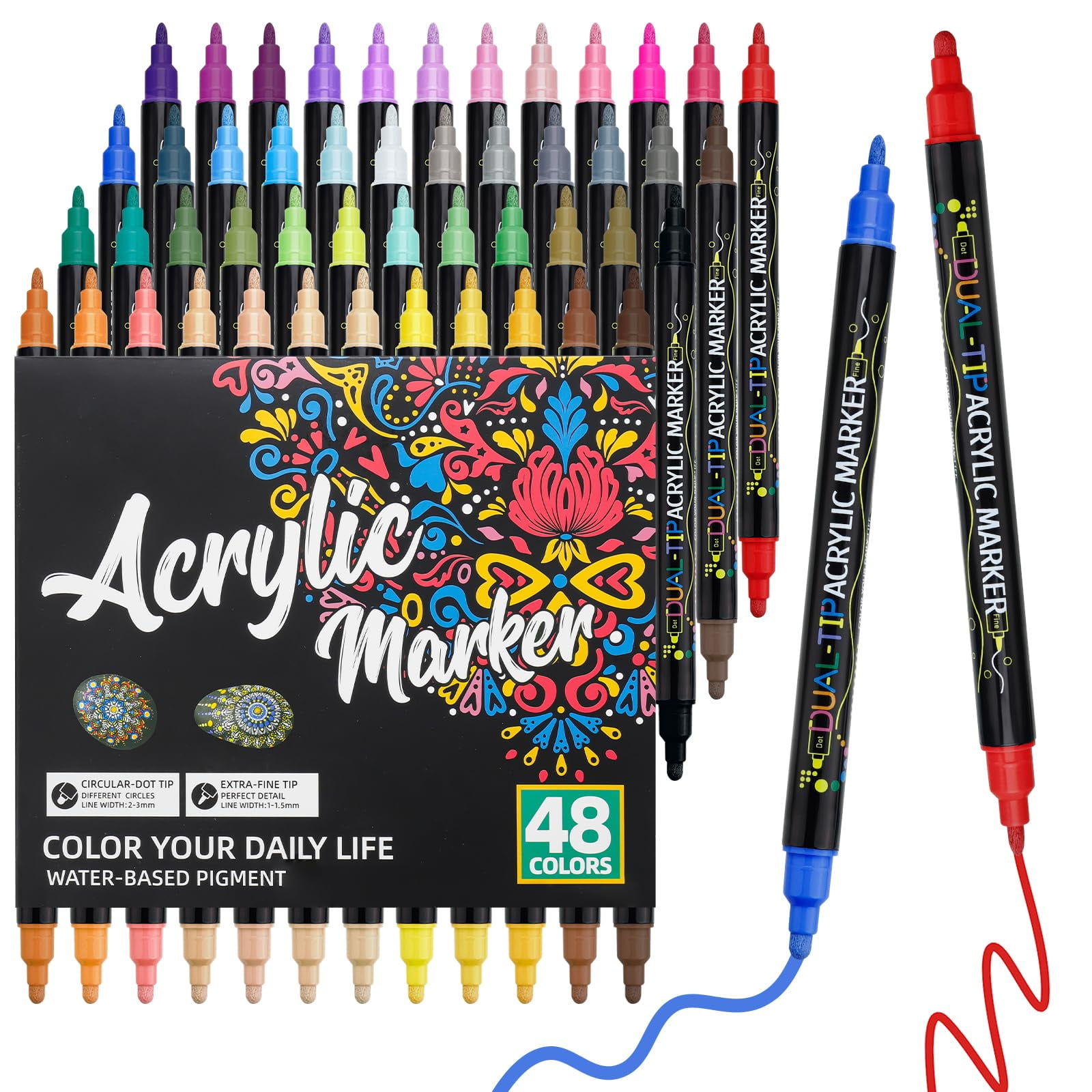 Dual Tip Acrylic Paint Markers Set of 48 Colors, Water-Based Permanent ...