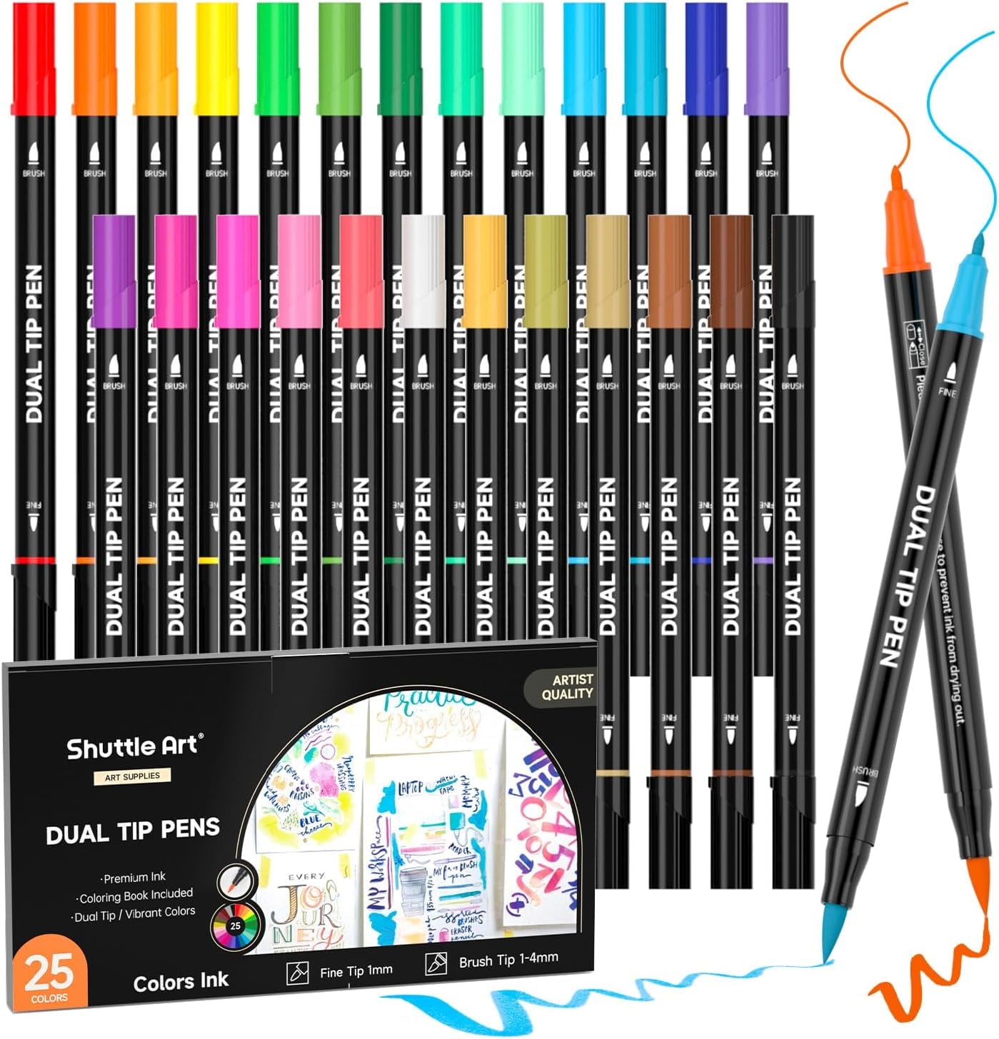 Dual Tip Brush Marker Pens, Shuttle Art 25 Colors Water-based Ink, Fine ...