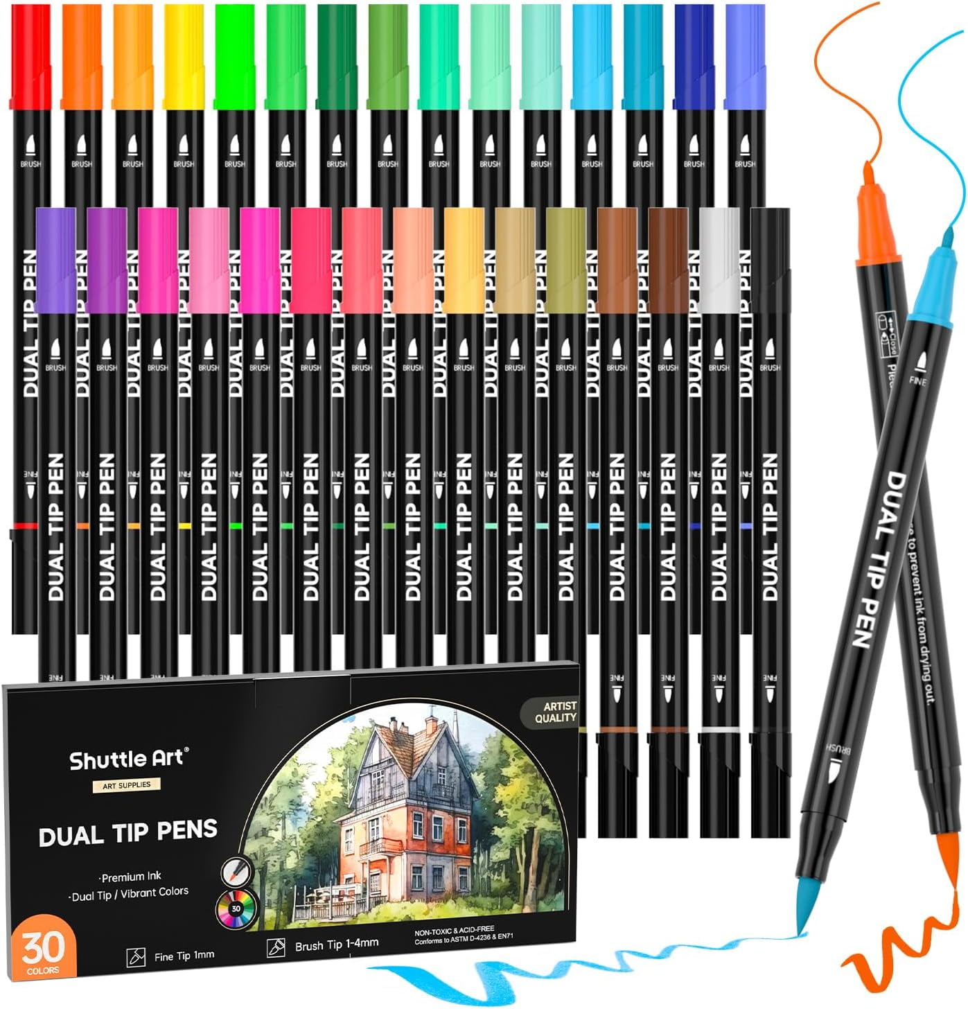 Shuttle Art Dual Tip Brush Pens Set, 30 Vibrant Colors, Fine and Brush ...