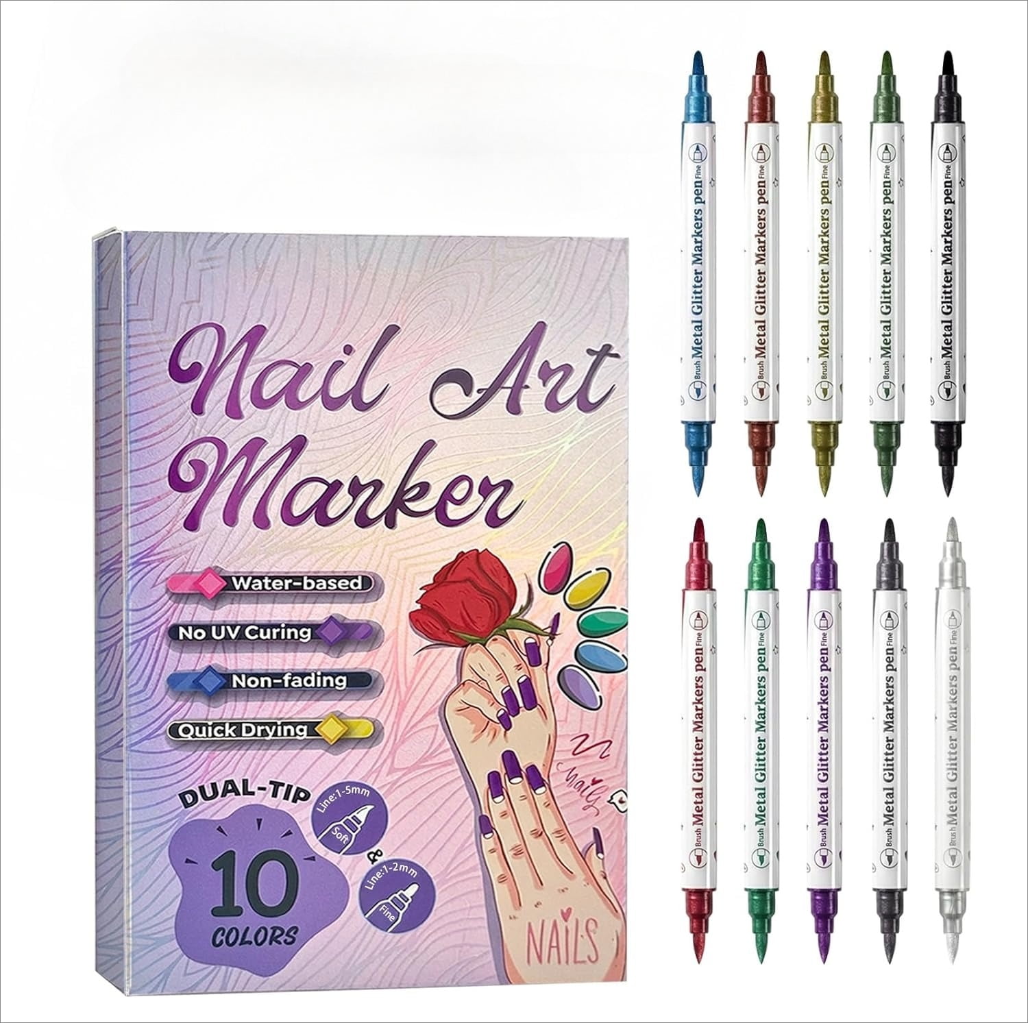 Dual-Tip Nail Art Pen Set with Firm & Soft Tip, 10 Colors Nail Art ...