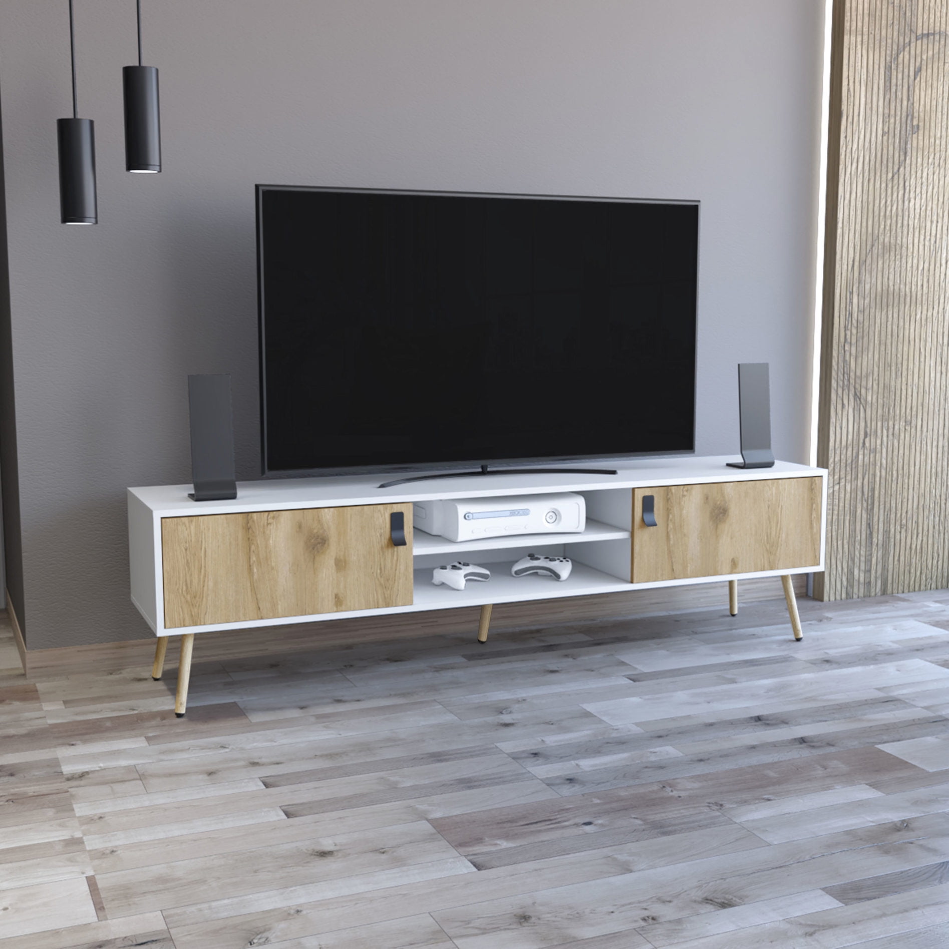 Dual-Tone TV Stand | Concealed Drawers and Open Shelves for Consoles ...