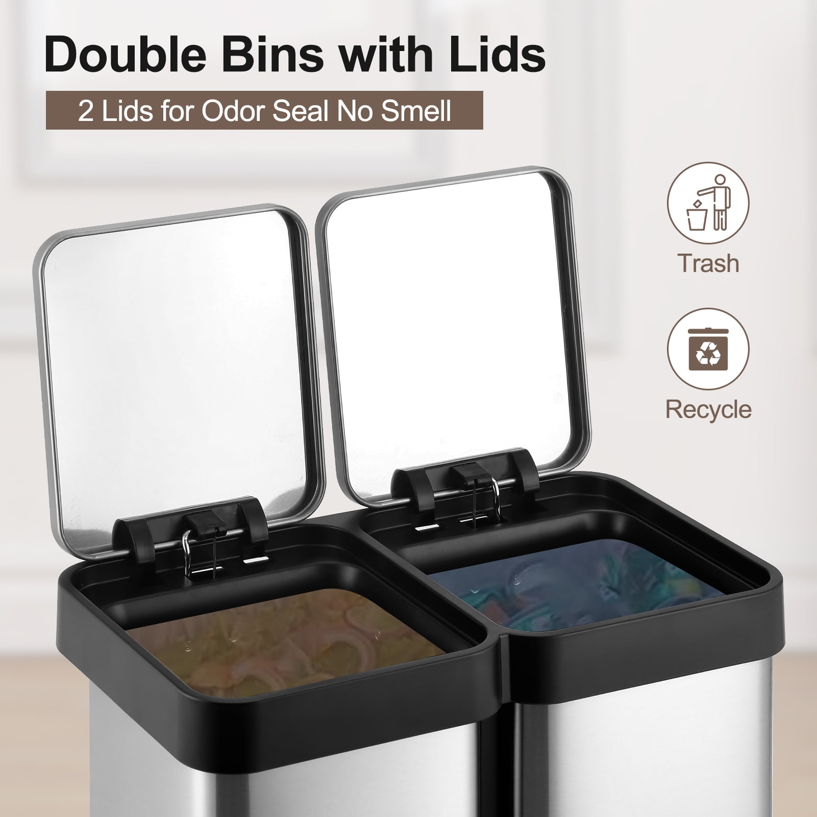 Dual Trash Can, Stainless Steel 2 x 5 Gal (2 x 20L) Garbage Can, Double ...
