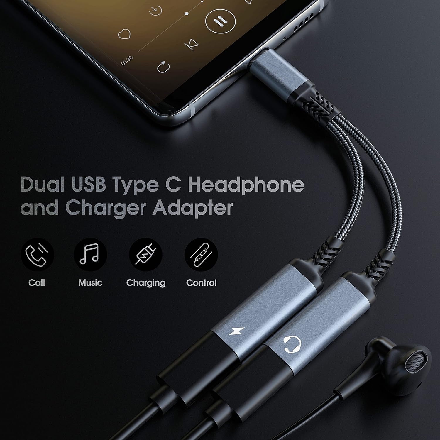 Dual USB C Headphone and Charger Adapter, USB C Splitter, 2 in 1 Type C Audio Dongle Cable with ...