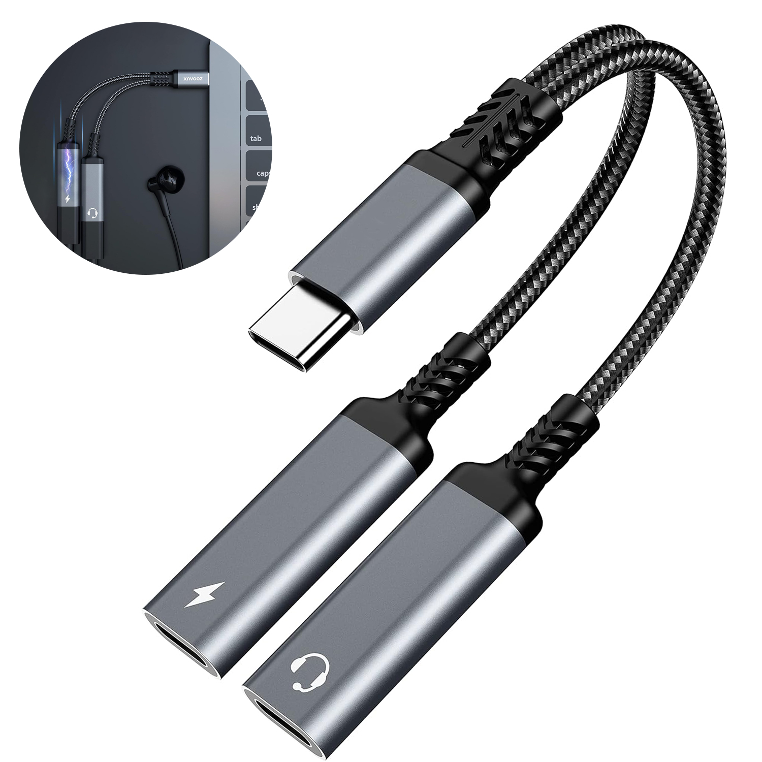 Dual USB C Headphone and Charger Adapter, USB C Splitter, 2 in 1 Type C Audio Dongle Cable with ...