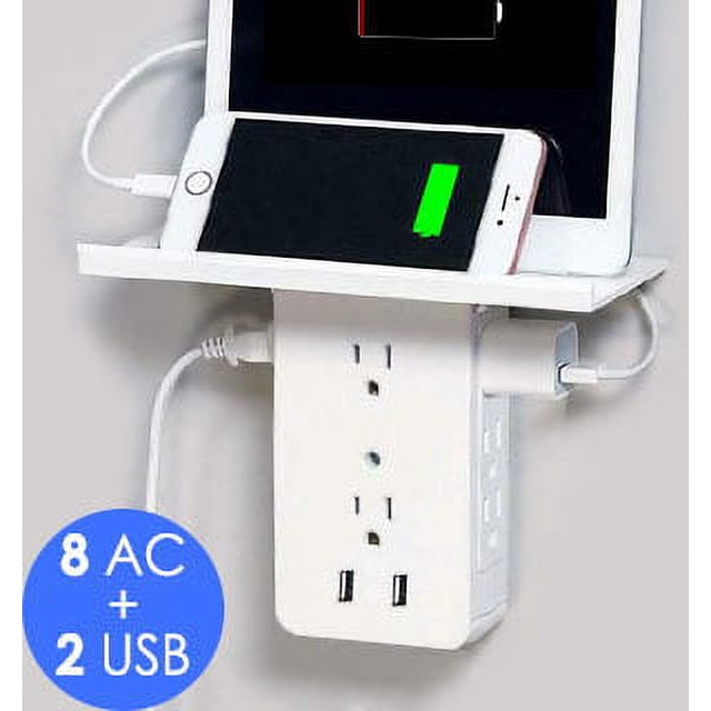Dual USB Outlet Tower Charger w/Built-In Shelf and Surge Protector ...