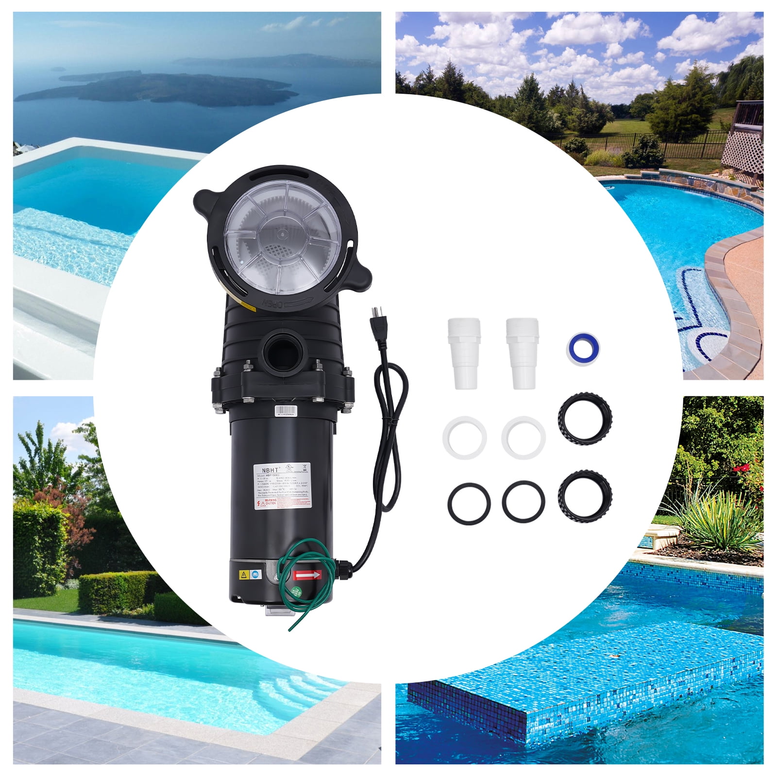 Dual Voltage 1500W Pool Pump with Pure Copper Motor, 430L/min Flow, 2HP ...