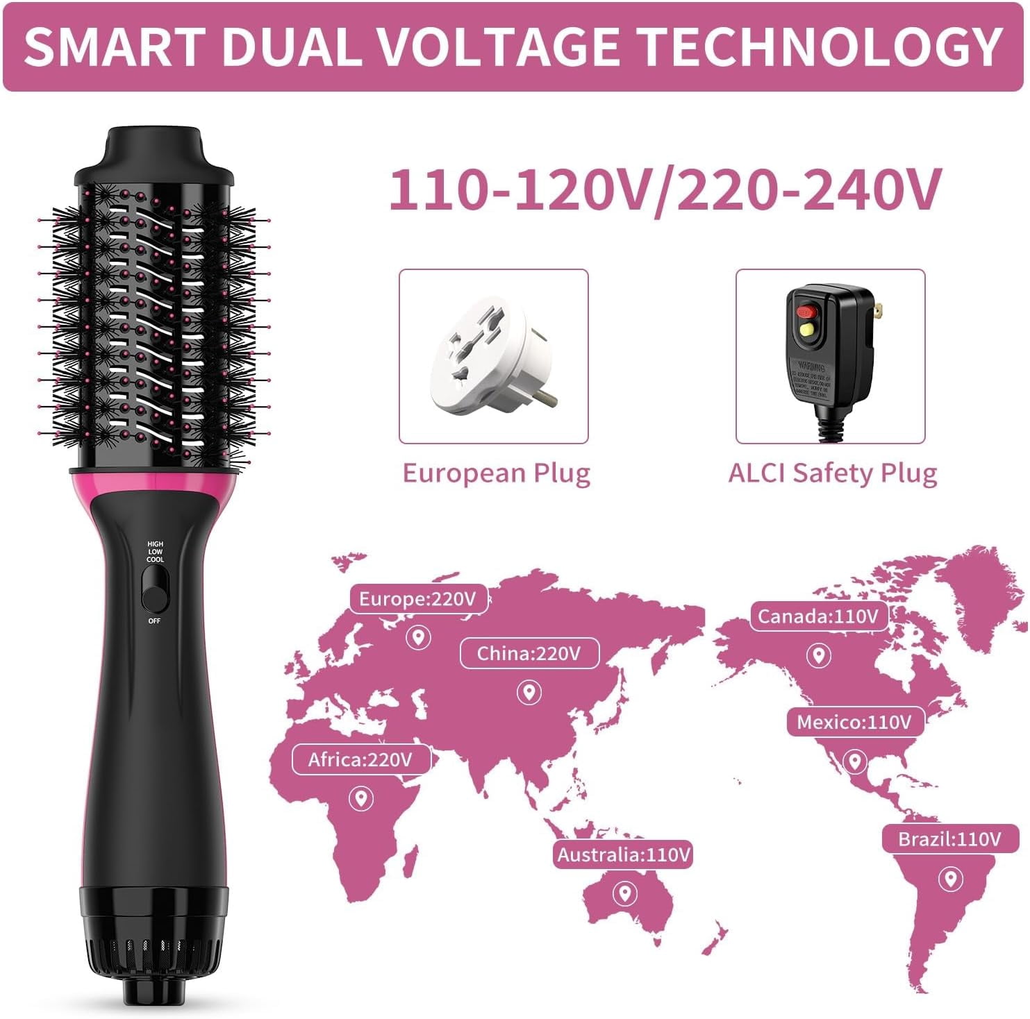 Dual Voltage Hair Dryer Brush for European Travel, 120V - 240V One Step ...