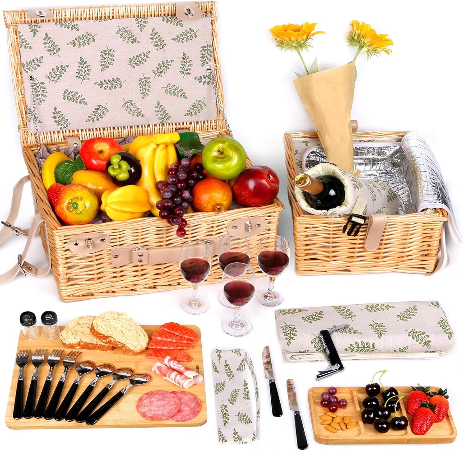 Dual Wicker Picnic Basket Set with Blanket Charcuterie Boards for 2/4/6 ...