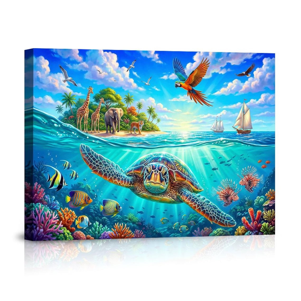 Dual World Tropical Paradise With Sea Turtle Safari Animals Vibrant ...