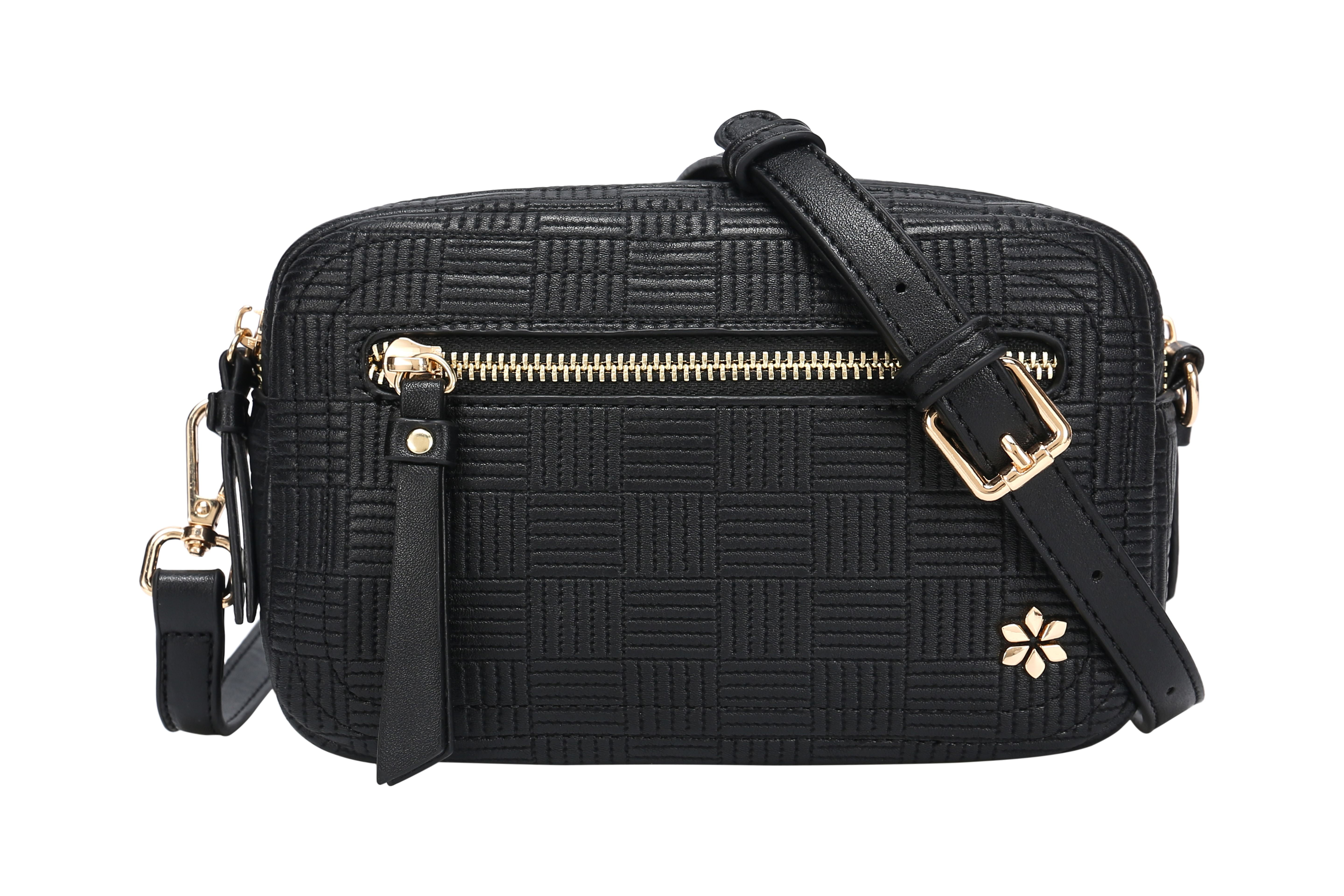 Dual Zipper Cross Body Shoulder Bag - PU Vegan Leather - Black Check ...