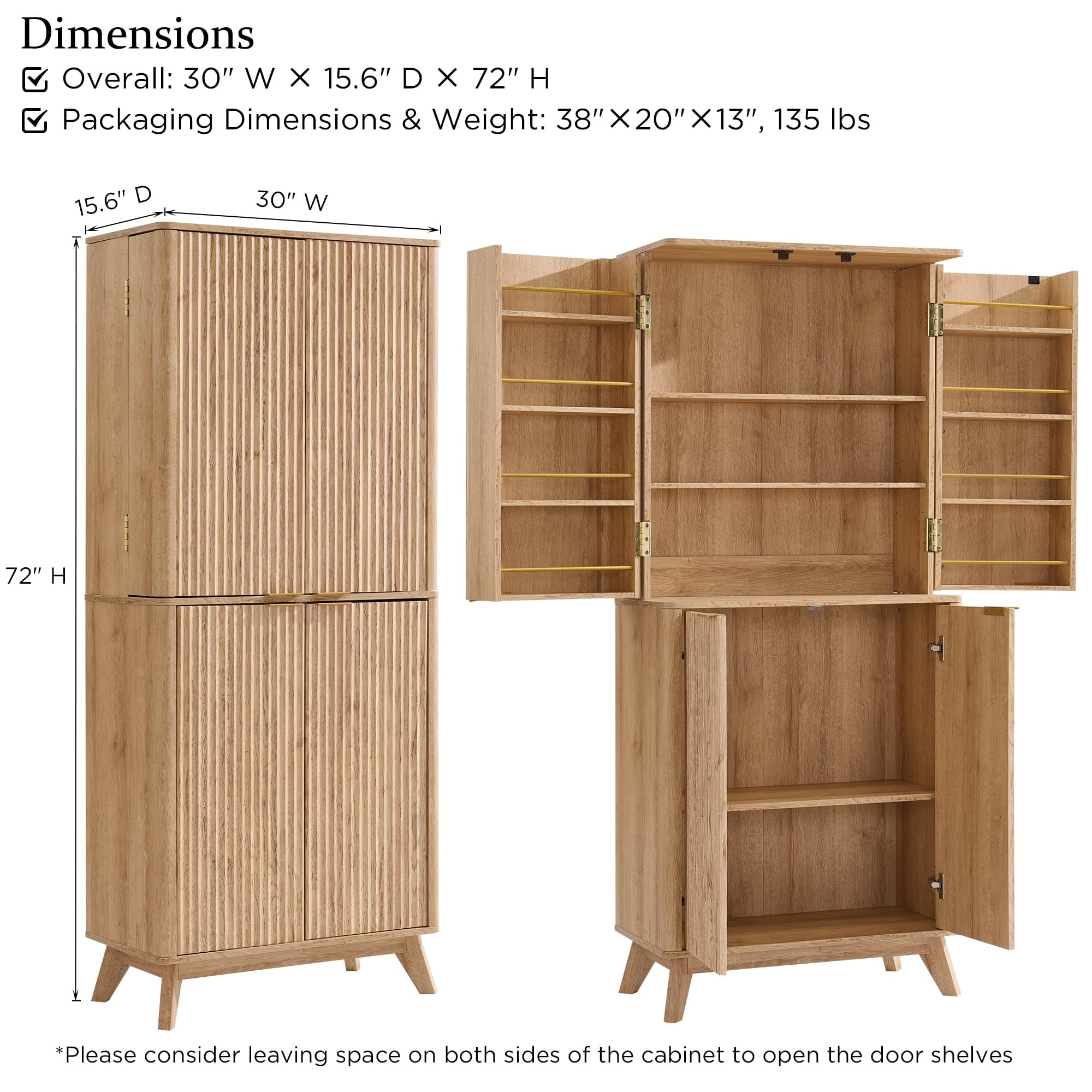 Dual-Zone Fluted Pantry Cabinet 72 Inches Tall, Adjustable Shelves ...