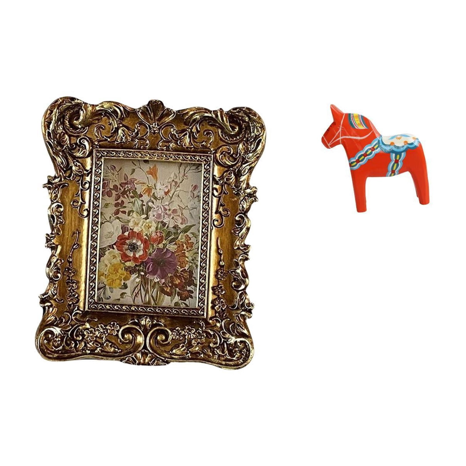Dualoai Hand Carved Floral Photo Frame with Swedish Dala Horse Ornament ...