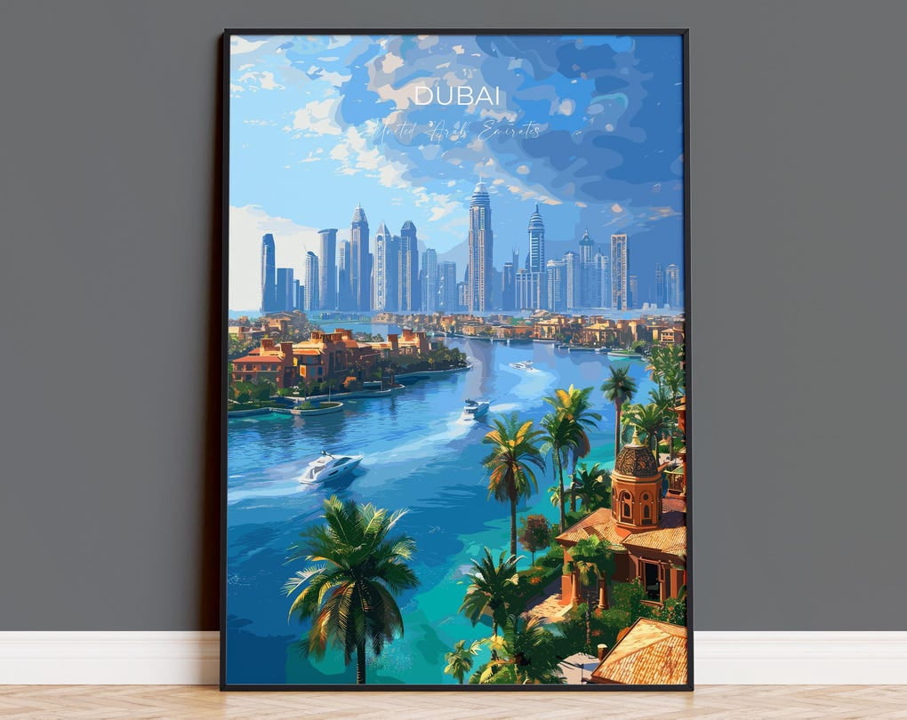 Dubai Travel Poster, Travel Print Of Dubai, Palm Jumeirah Dubai Art ...