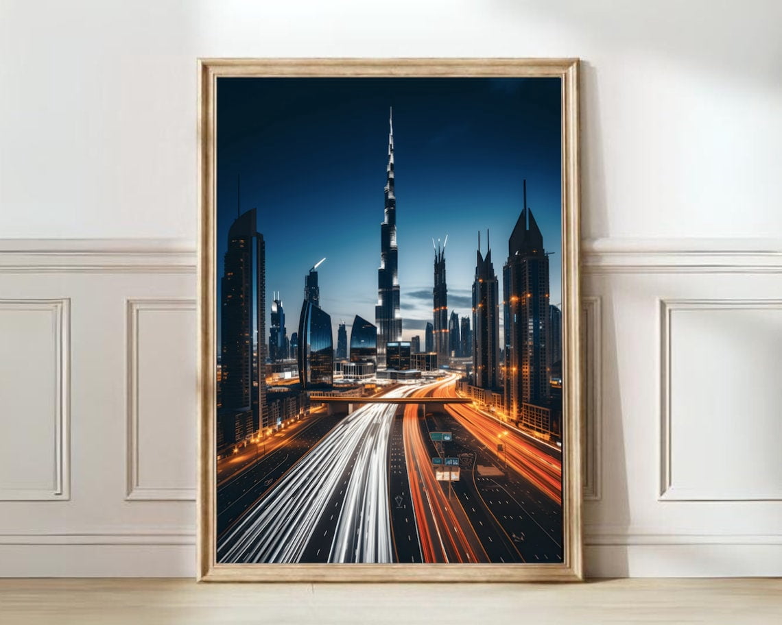 Dubai UAE Travel Poster Map Skyline City Scenery Wall Art, Unframed ...