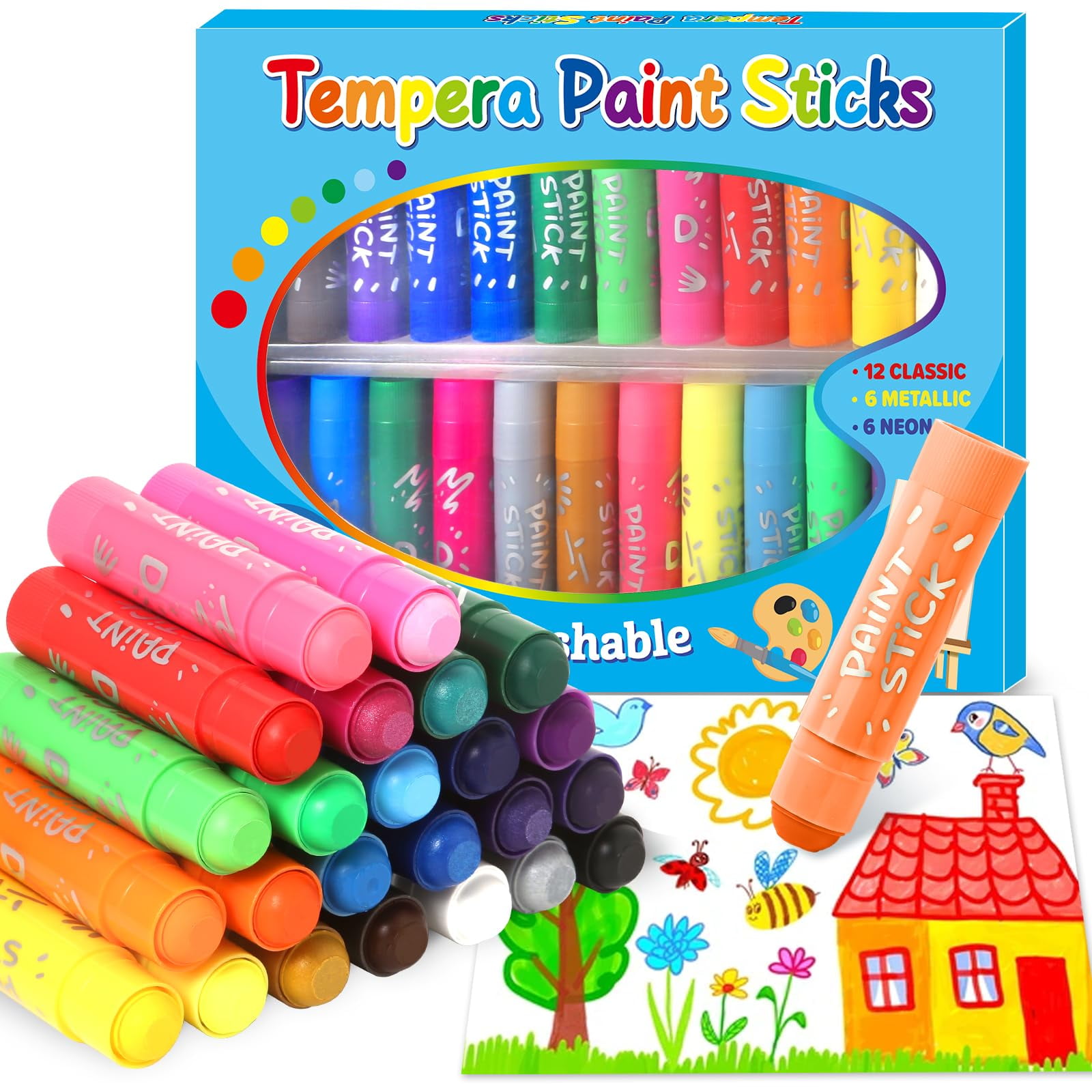 Duchong Tempera Paint Sticks for Kids, 24 Assorted Colors Washable ...
