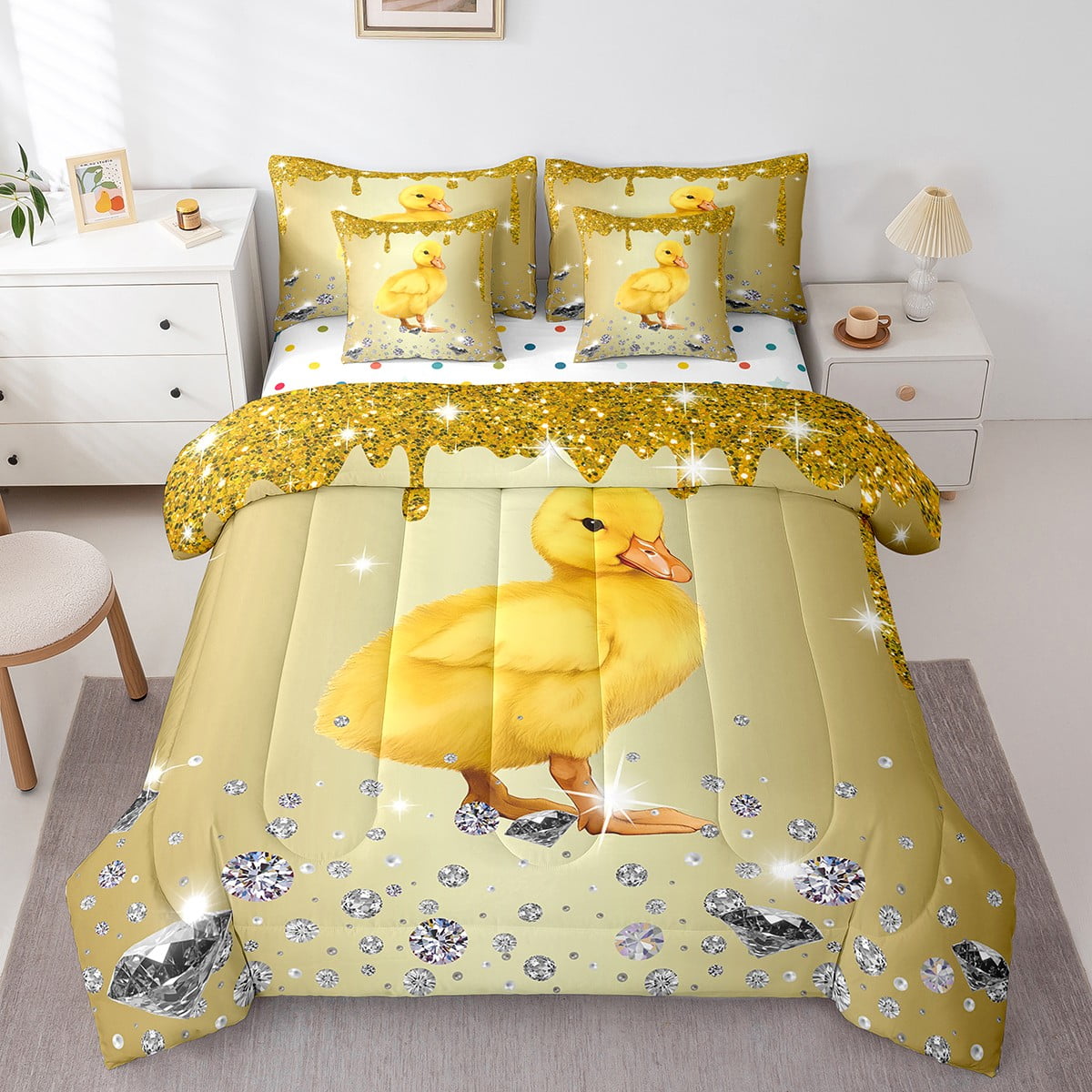 Duck Bed in a Bag Queen Comforter Set 7 Piece,Yellow Sequin Fluid Art ...