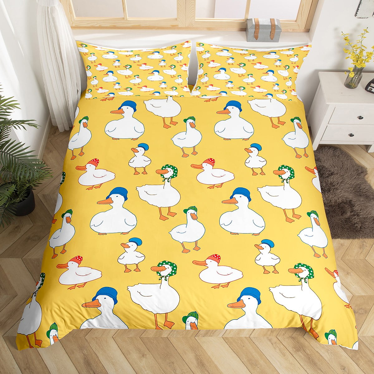 Duck Bedding Set Full for Kids Boys Girls,Cute Goose Yellow Duvet Cover ...