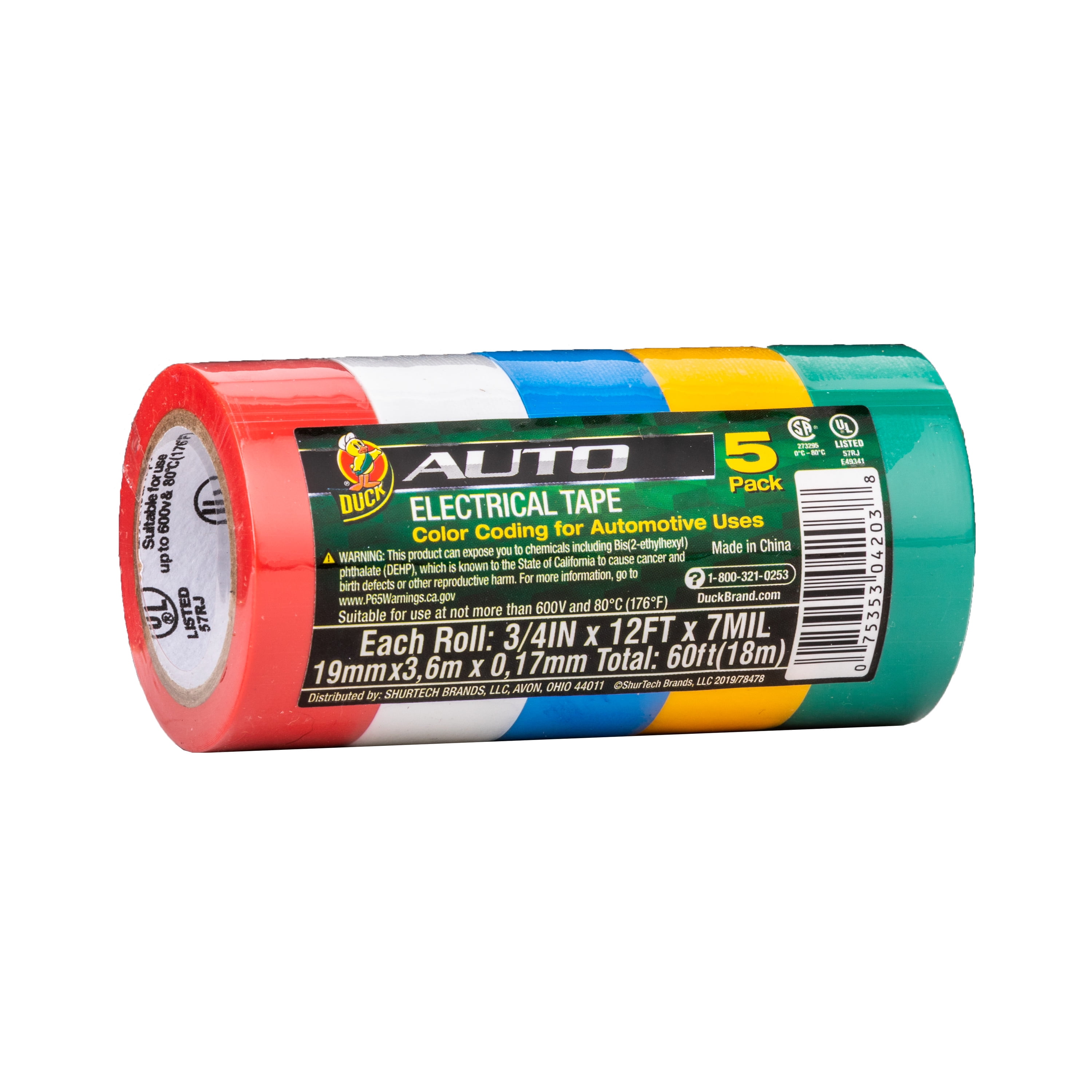 Duck Brand 0.75 in. x 12 ft. x 7 mm, Auto Electrical Tape, Assorted, 5 ...