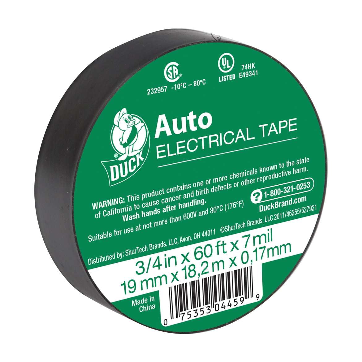 Duck Brand AUTO Electrical Tape.75" X 60' Roll, Black 7-mil Vinyl Tape ...