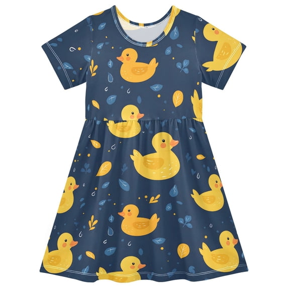 Duck Cartoon Tile Pattern Girls Short Sleeve Dress A Line Sun ...