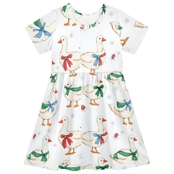 Duck Christmas Short Sleeve Dress A-Line Cute Midi Casual Sundress 2-8 ...