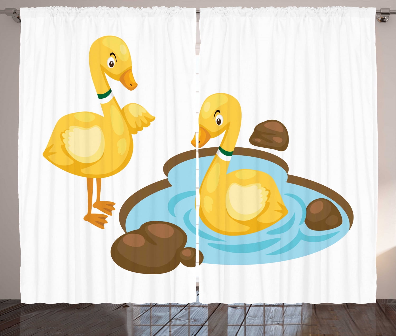 Duck Curtains 2 Panels Set, Funny Cartoon Illustration of Two Ducks in ...