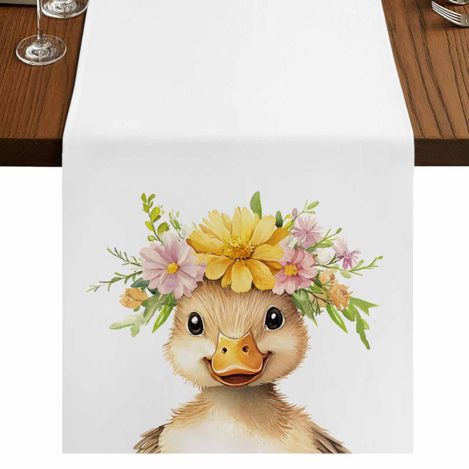 Duck Flower 48 Inch Table Runner, Cute Farm Animal Pastoral Pastel ...