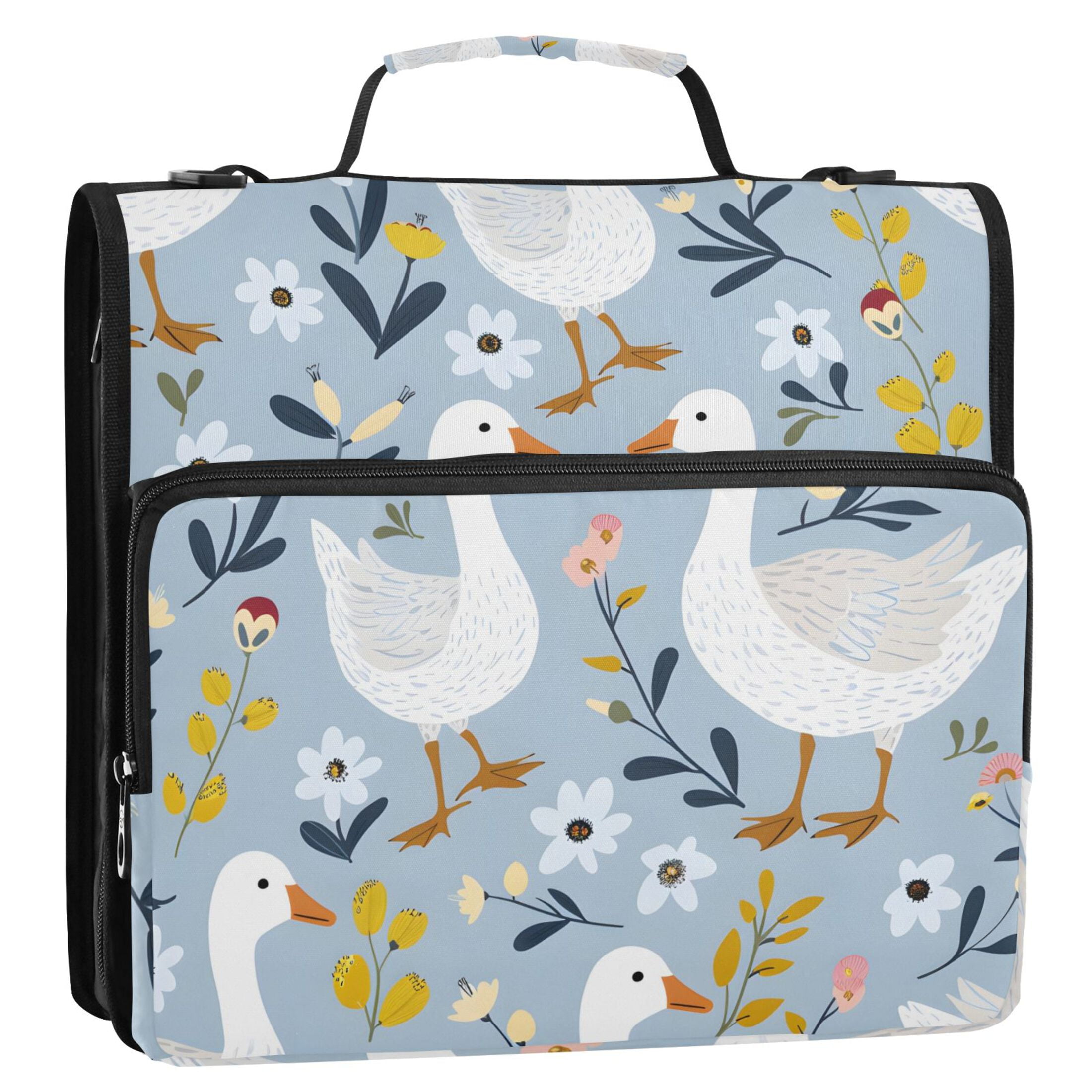 Duck Flower Leaves Cartoon Binder Bag with Shoulder Strap 3 Ring Zipper ...