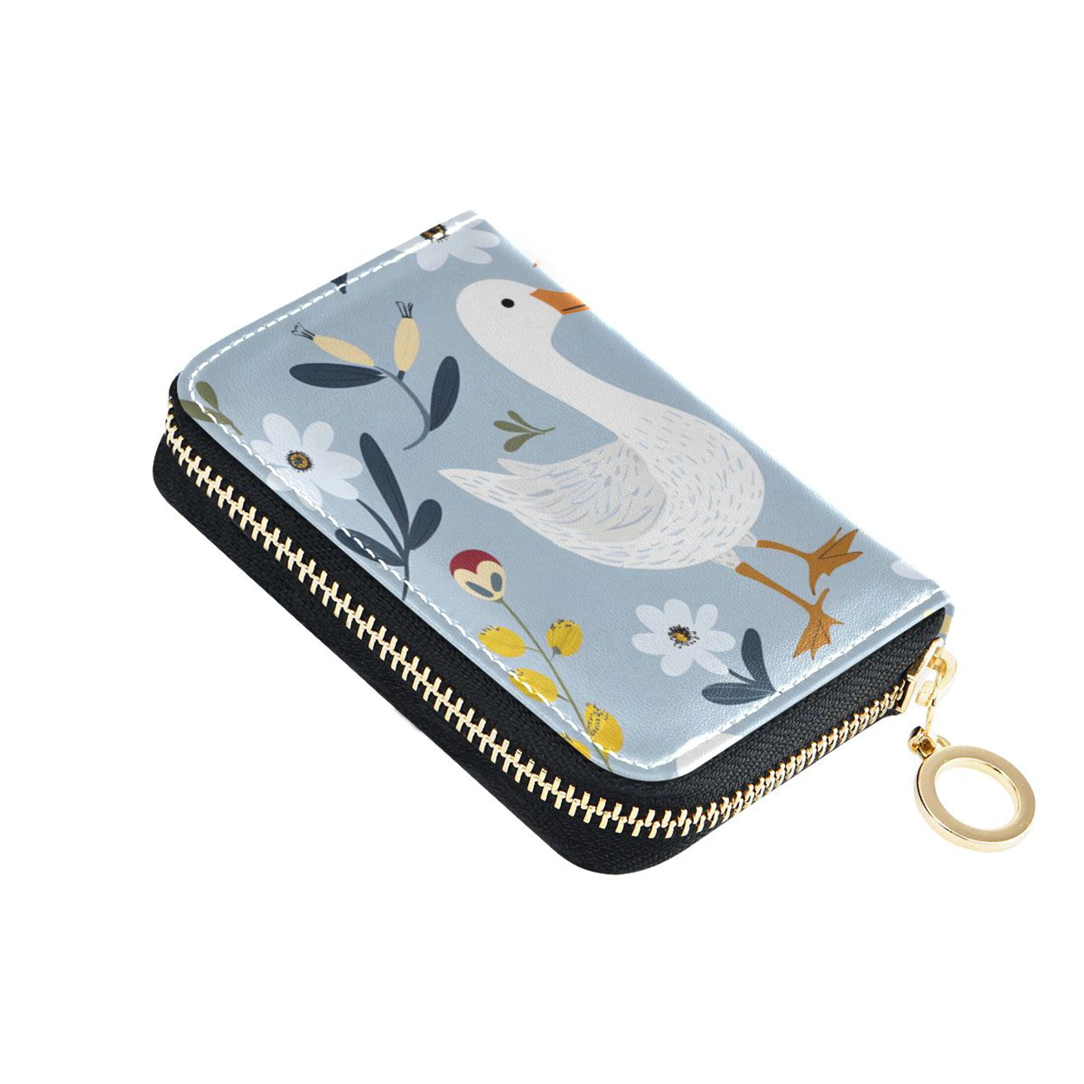 Duck Flower Leaves Cartoon Women's Credit Card Holder PU Leather Zipper ...