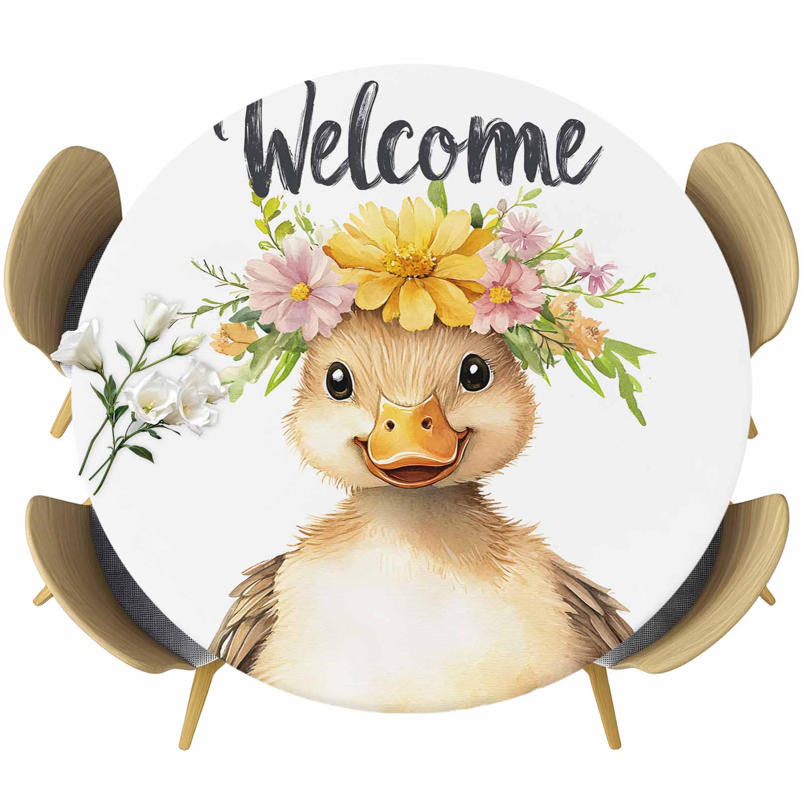 Duck Flower Round Tablecloth 55-60 Inch Round Fitted Table Cloth with ...