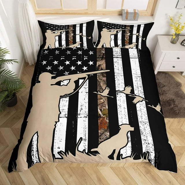 Duck Hunting Bedding Dog Hunter Silhouette Decor Bedding Set Vintage American Flag Duvet Rustic ...