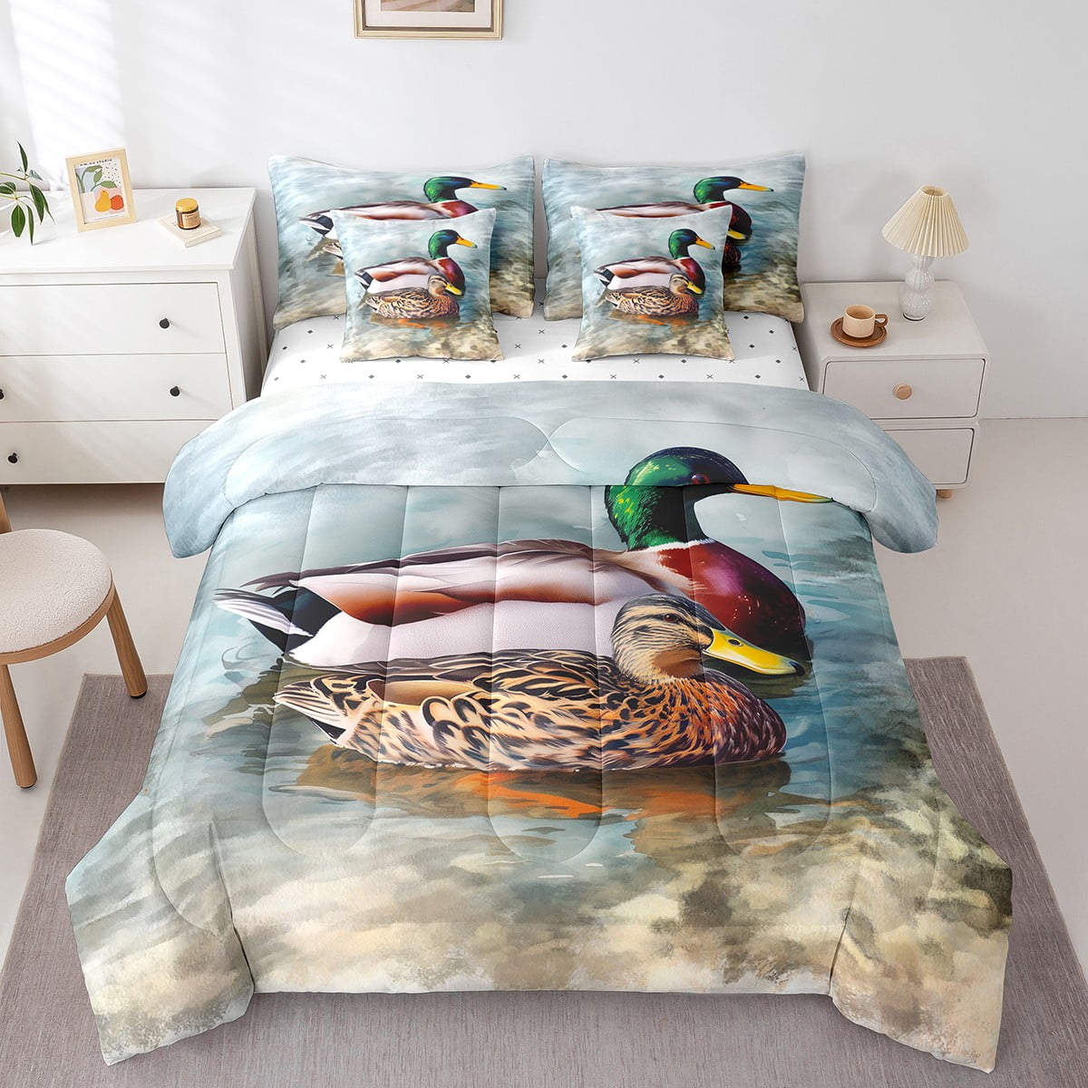 Duck Hunting Bedding Queen Size 7pcs Mallard Duck Comforter Set, Watercolor Animal Bedding ...