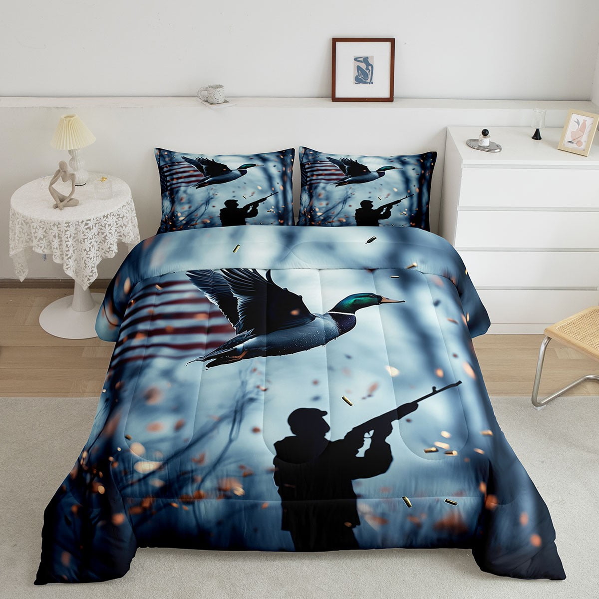 Duck Hunting Bedding Set Teens Aduts Mallard Bird Themed Comforter,Amercian Flag Printed ...