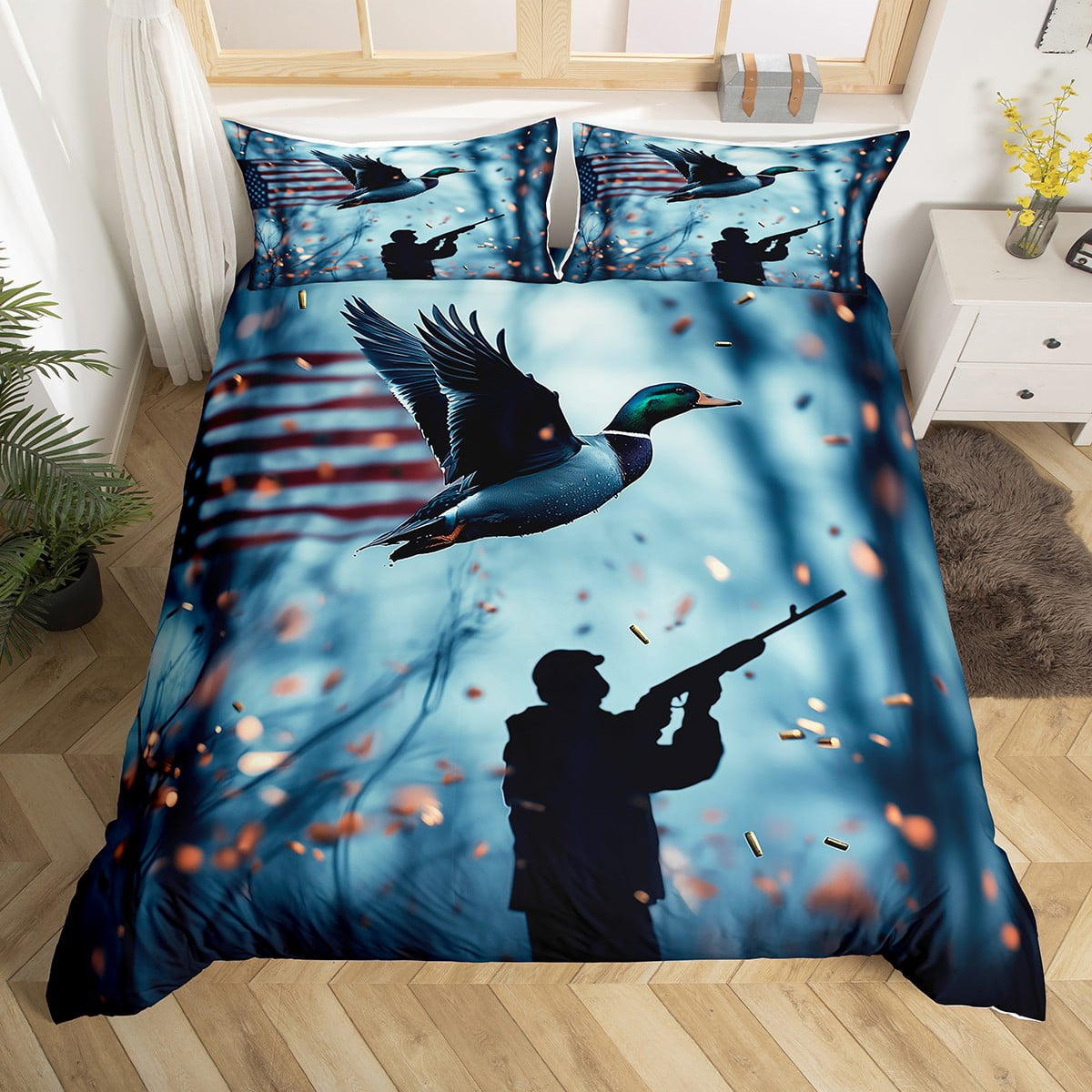 Duck Hunting Bedding Set Teens Aduts Mallard Bird Themed Comforter Cover,Amercian Flag Printed ...