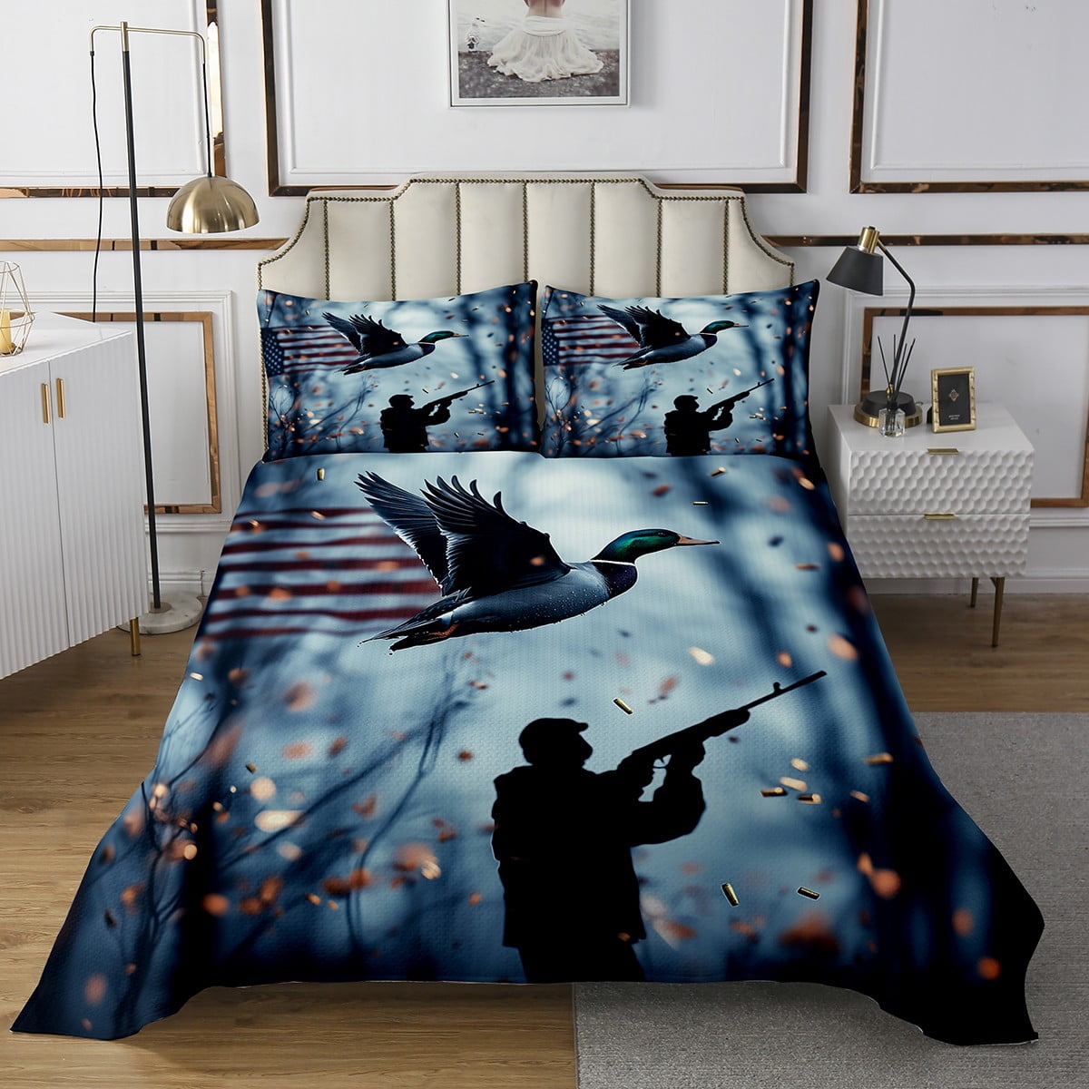 Duck Hunting Bedspread Set Teens Aduts Mallard Bird Themed Twin Quilt Set,Amercian Flag Printed ...