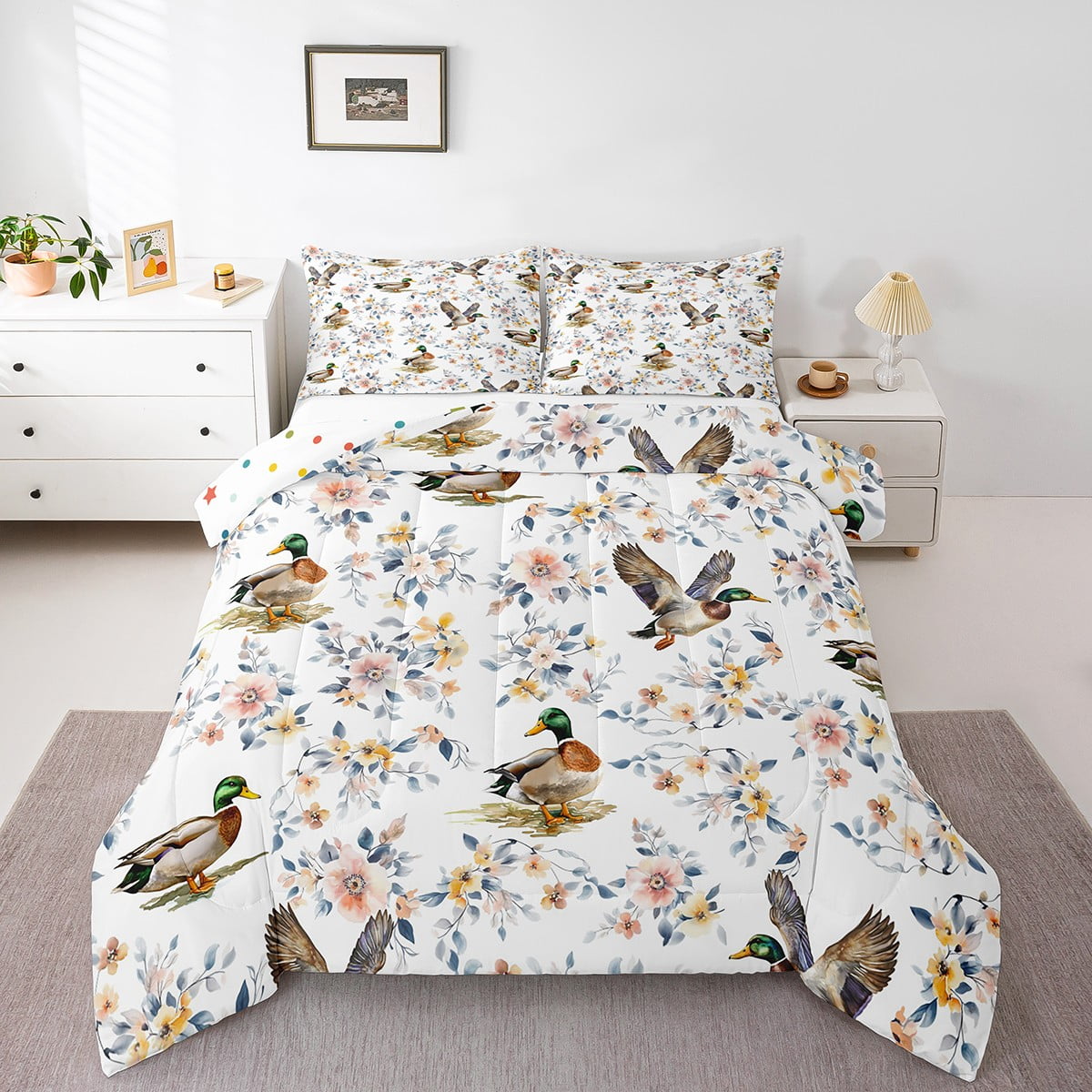 Duck Hunting Down Comforter Twin,Groovy Flower Floral Botanical Comforter Set,Mallard Duck Bird ...
