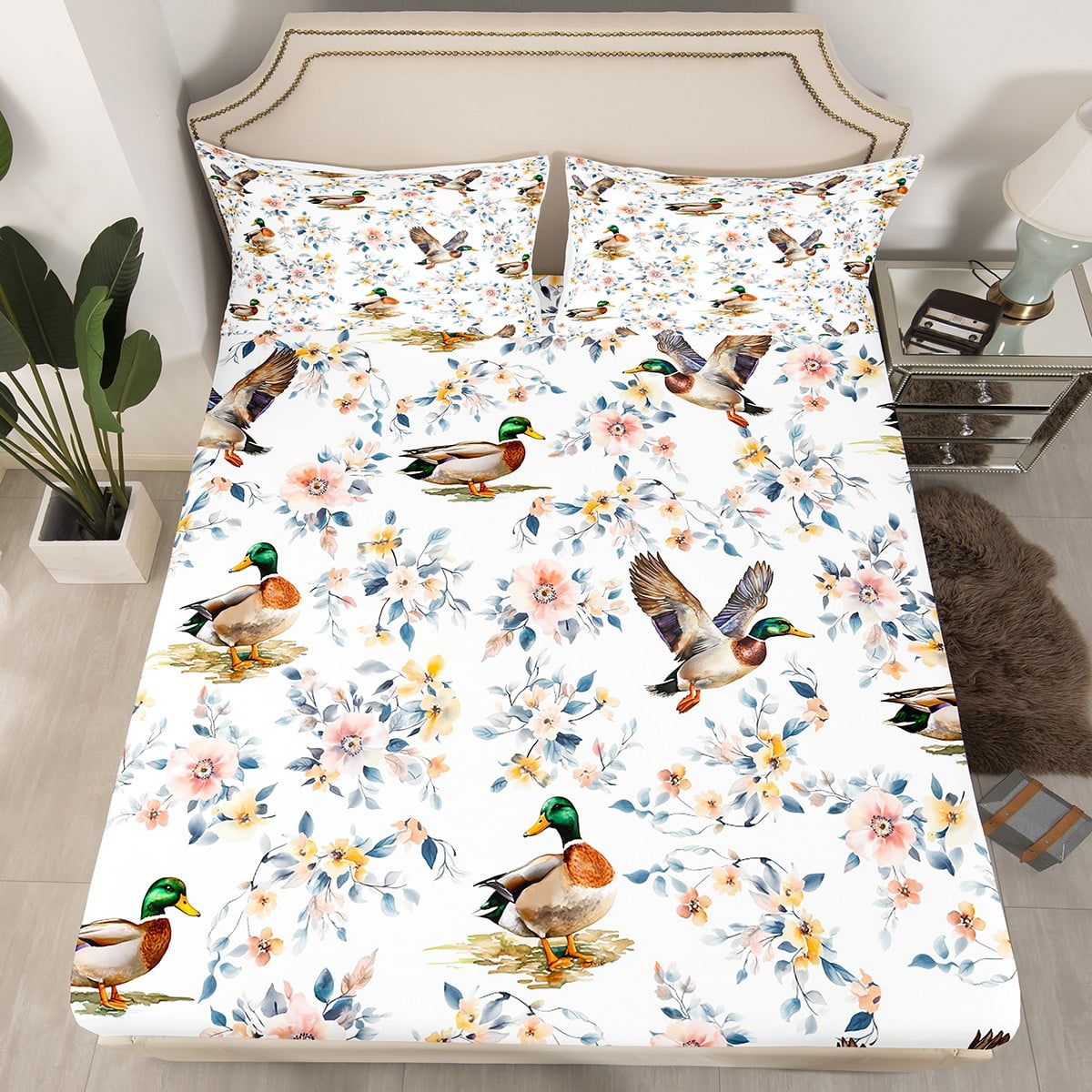Duck Hunting Full Size Fitted Sheet,Groovy Flower Floral Botanical ...