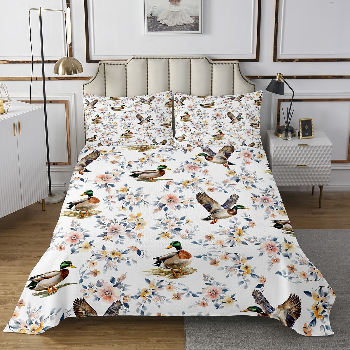 Duck Hunting King Size Bedspread Set,Groovy Flower Floral Botanical ...
