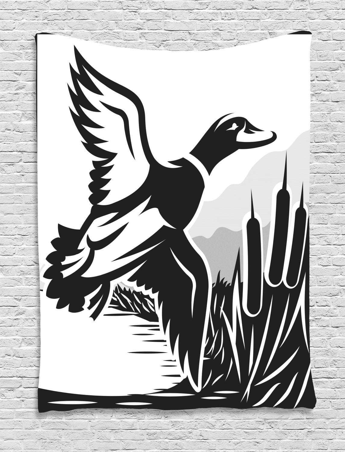Duck Hunting Tapestry, Bold Monochrome Computer Graphics of a Flying ...