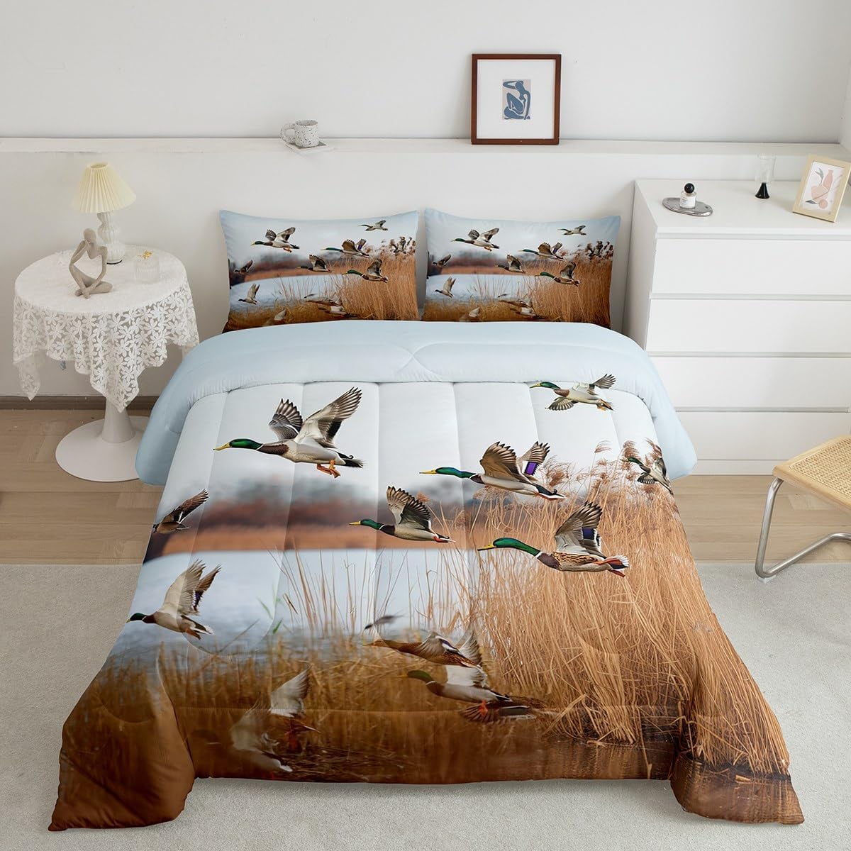 Duck Hunting Themed Comforter Set Size, Rustic Lake Scenery Quilt for ...
