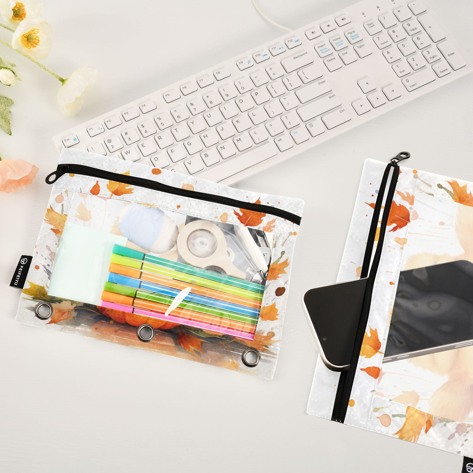 Duck Maple Leaves Pumpkins 2 Pack Pencil Pouches Zipper Pencil Case 3 Ring Pencil Pouch Cosmetic ...