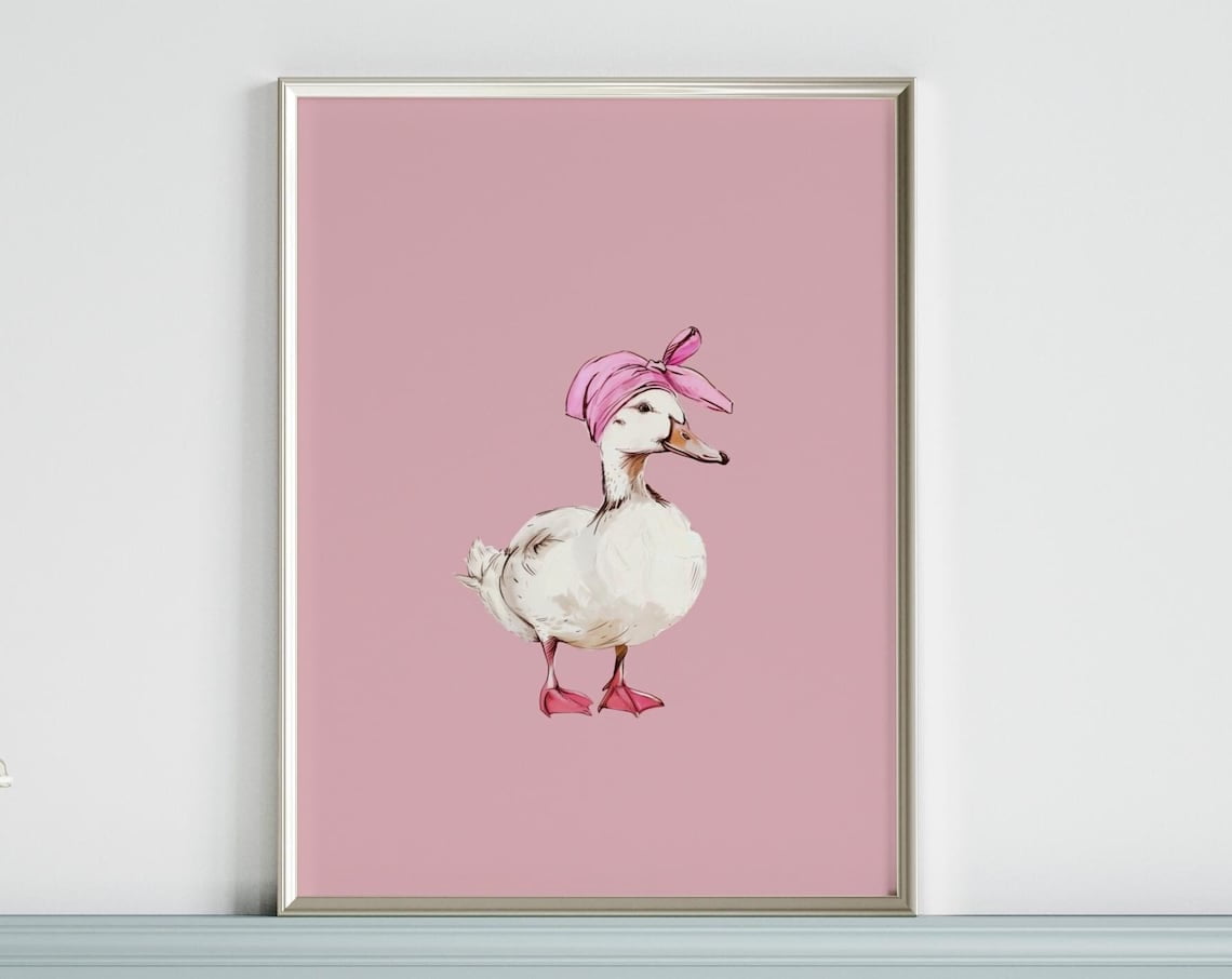 Duck In Pink Head Wrap Print • Cute Hand Drawn Duck Bathroom Art • Cute ...